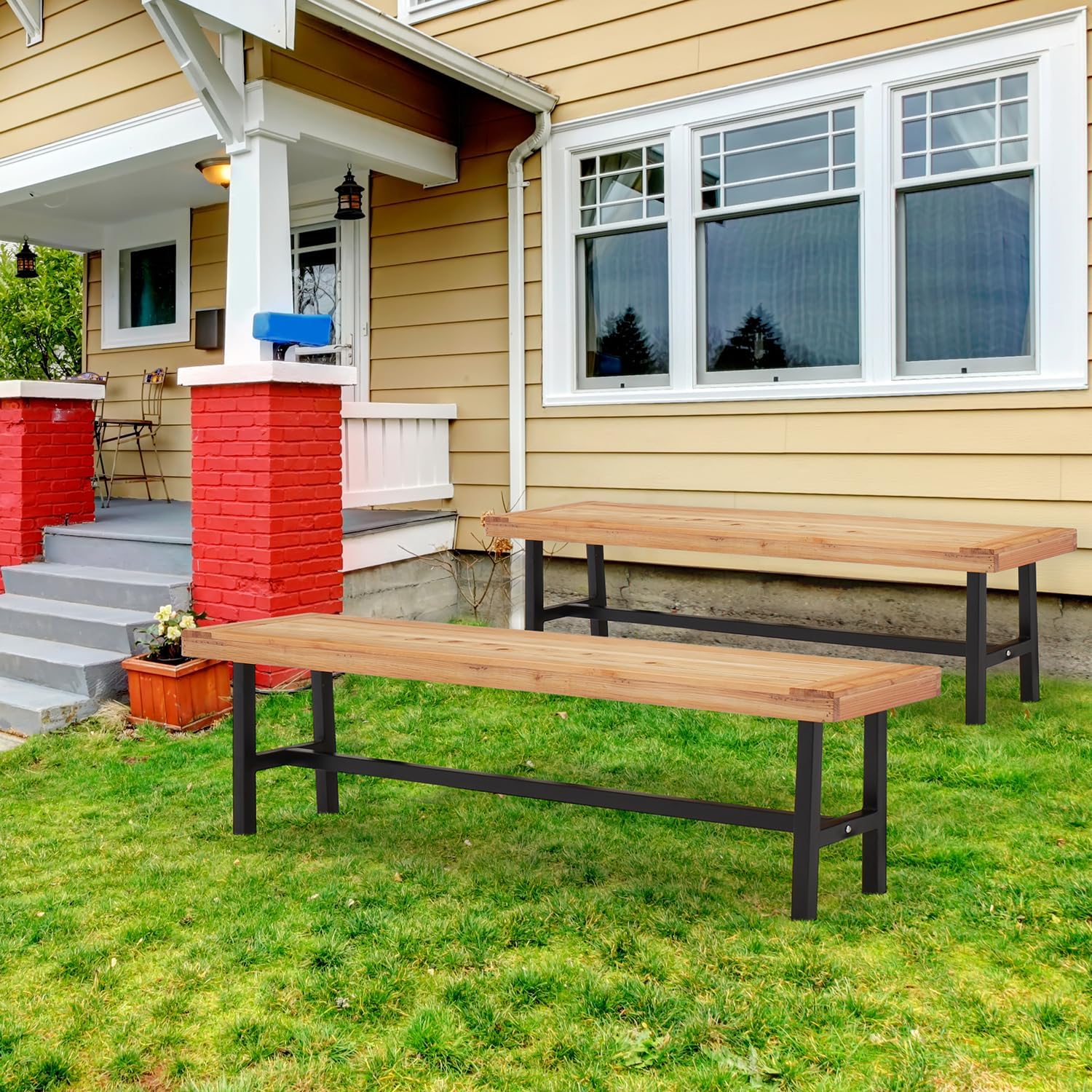 Amazon.com: AVAWING Outdoor Dining Bench Set of 2, Wood Patio Backless ...