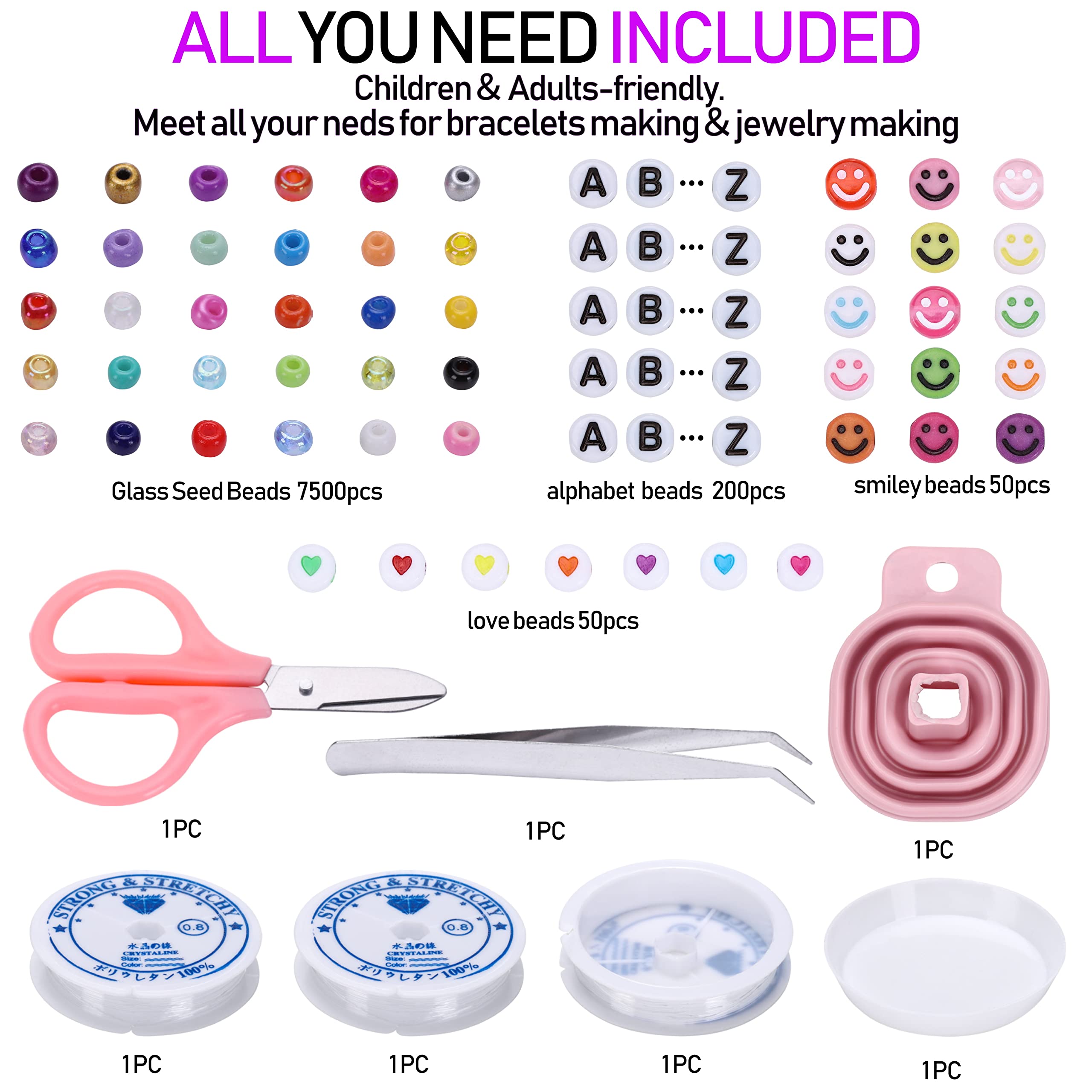 7500Pcs Glass Beads for Bracelet Making,DIY Jewelry Marking Kit, Love ...