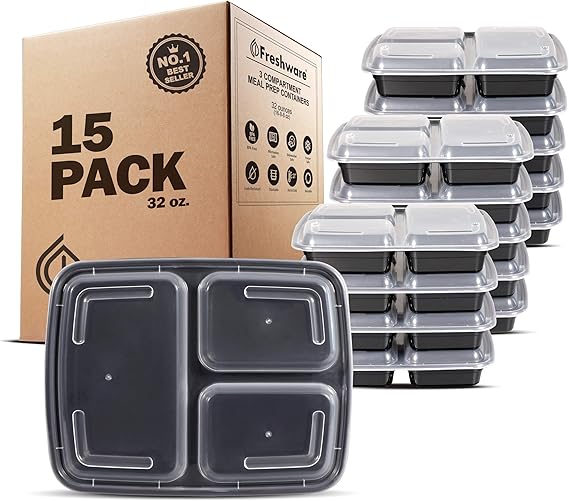 Amazon.com: Freshware Meal Prep Containers [15 Pack] 3 Compartment with ...