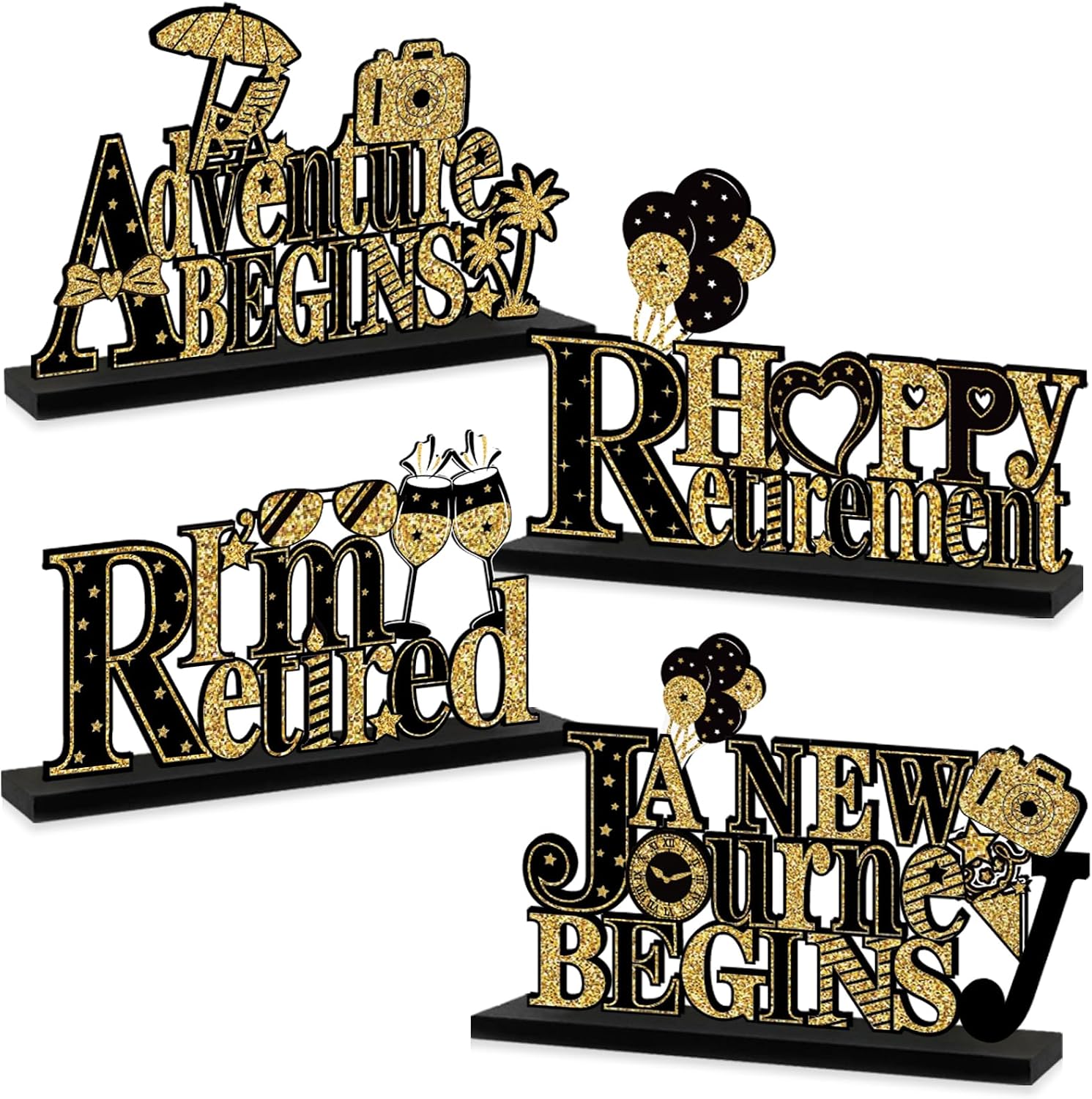4Pcs Happy Retirment Party Decorations Wooden Table Sign, Black Gold ...