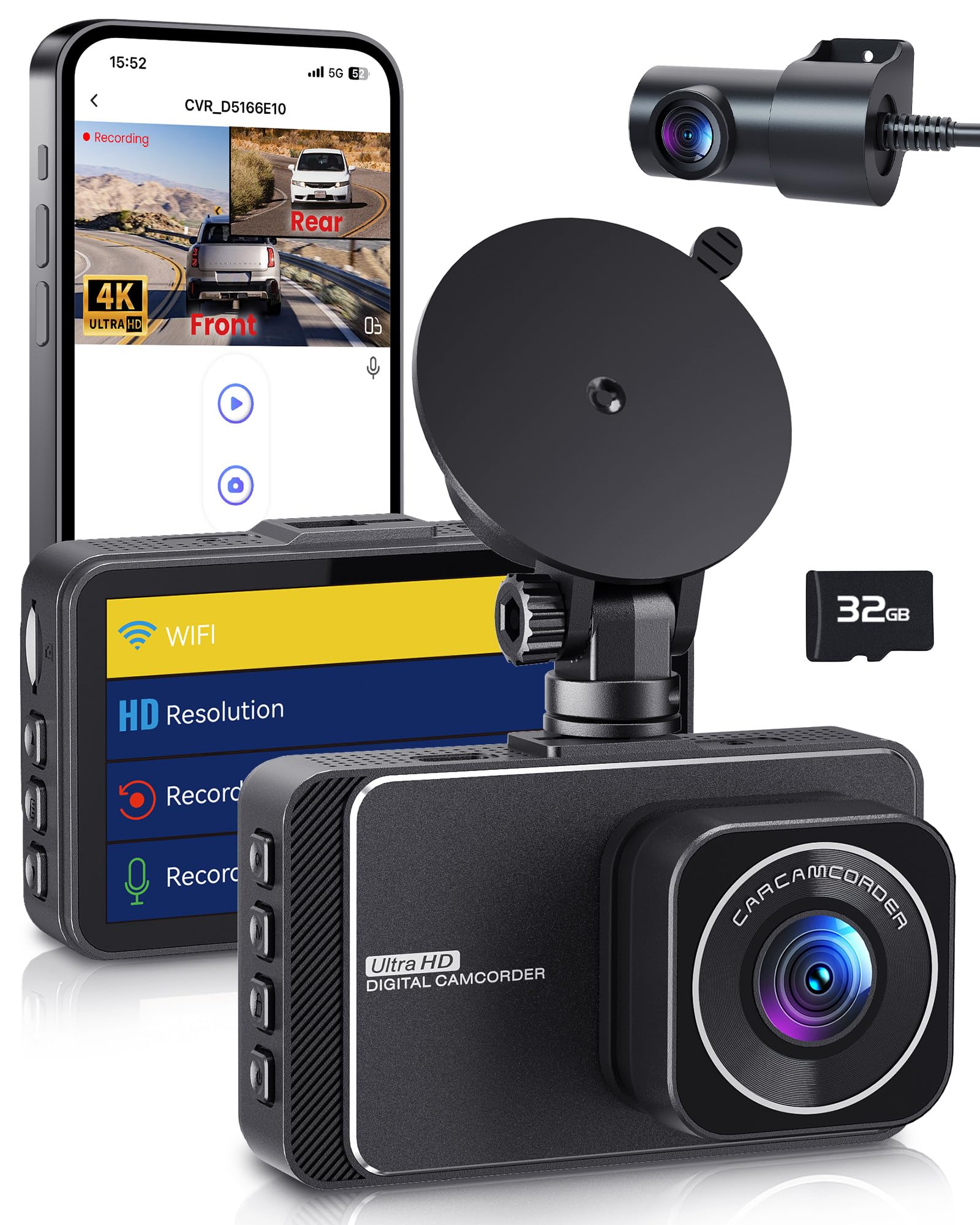 Dash Cam, 4K Ultra HD Front Camera+2K Rear Cameras, 5G WiFi - Fastest ...