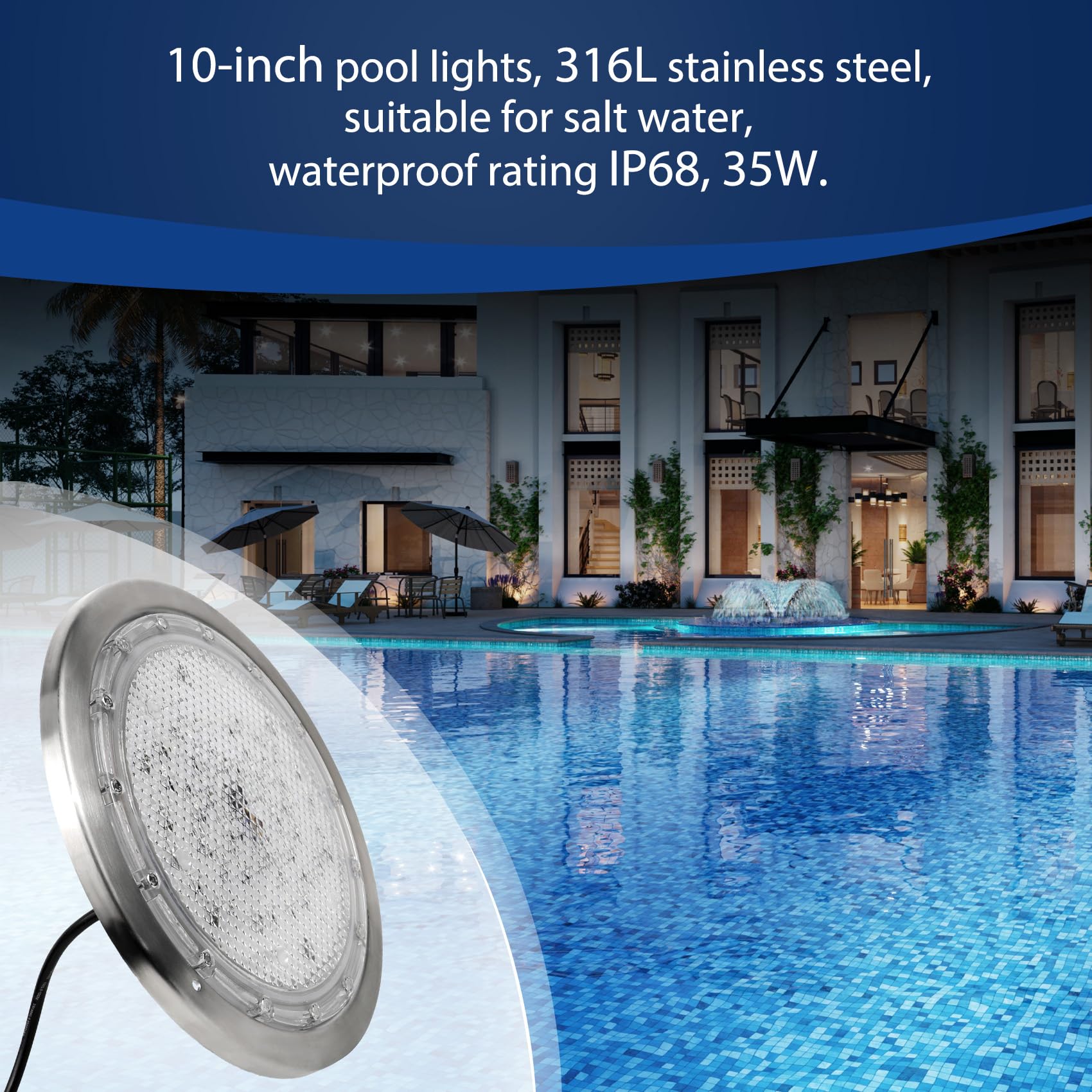 Pomeade SH101200 LED 10 Inch Pool Lights for inground Pools Waterproof ...