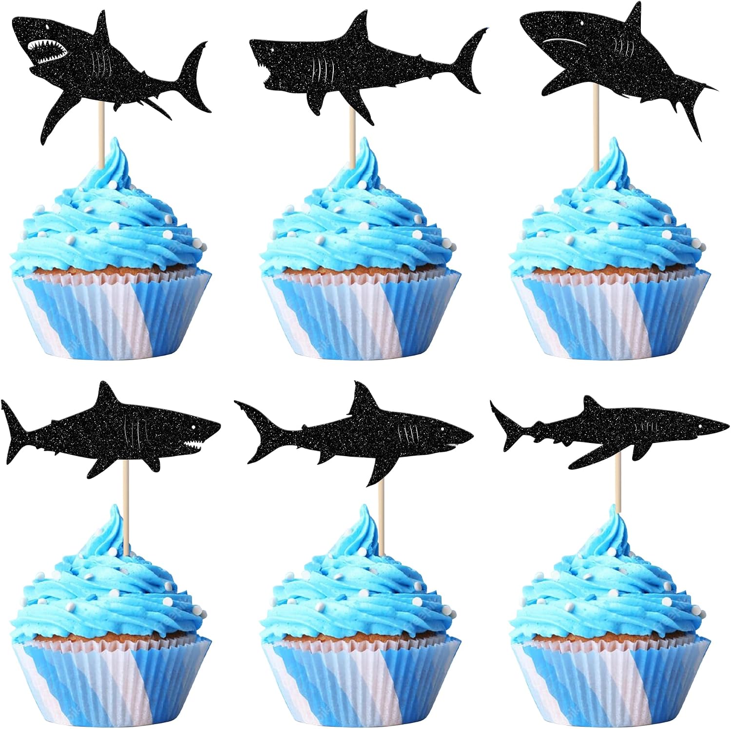 Amazon.com: YCTHUNFISH 24 Pack Shark Cupcake Toppers Glitter Ocean ...
