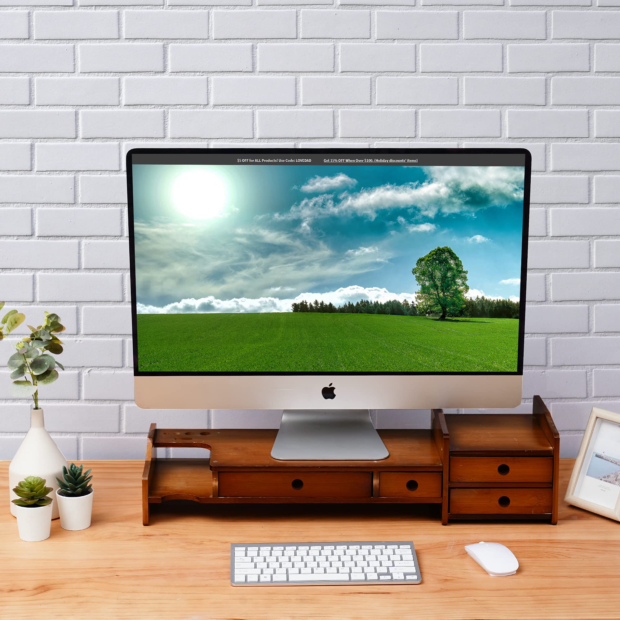 Sundale Bamboo Monitor Stand Riser with Drawer, Computer Riser Desk ...