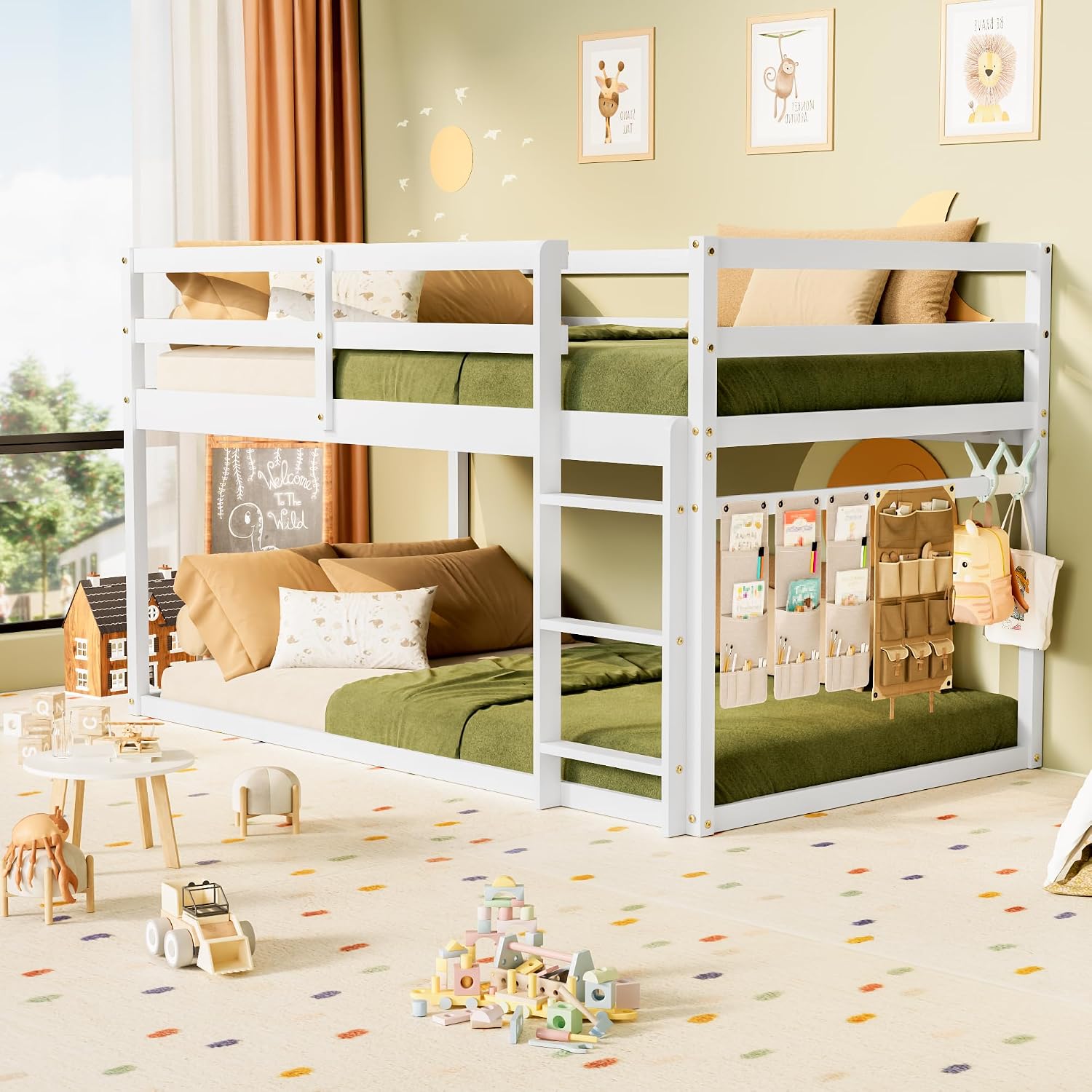 Amazon.com: TOLEAD Low Bunk Bed Twin Over Twin, Floor Bunk Bed with ...