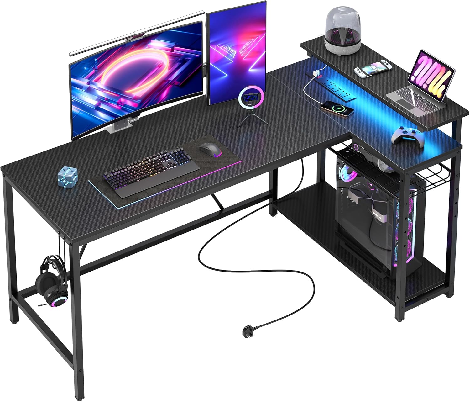 Bestier 147CM L-Shaped Gaming Desk with RGB Lights & Power Outlets ...