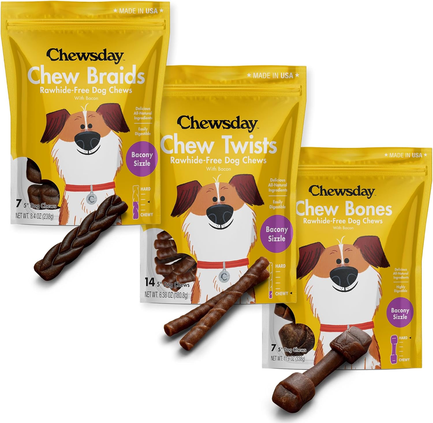 Amazon.com : Chewsday 6-Inch Bacony Sizzle Dog Chews- Braids, Bones and ...