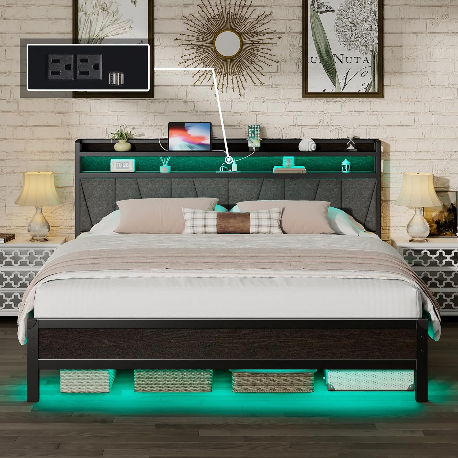 Amazon.com: LUXOAK King Size Bed Frame with RGBW LED Lights & Charging ...