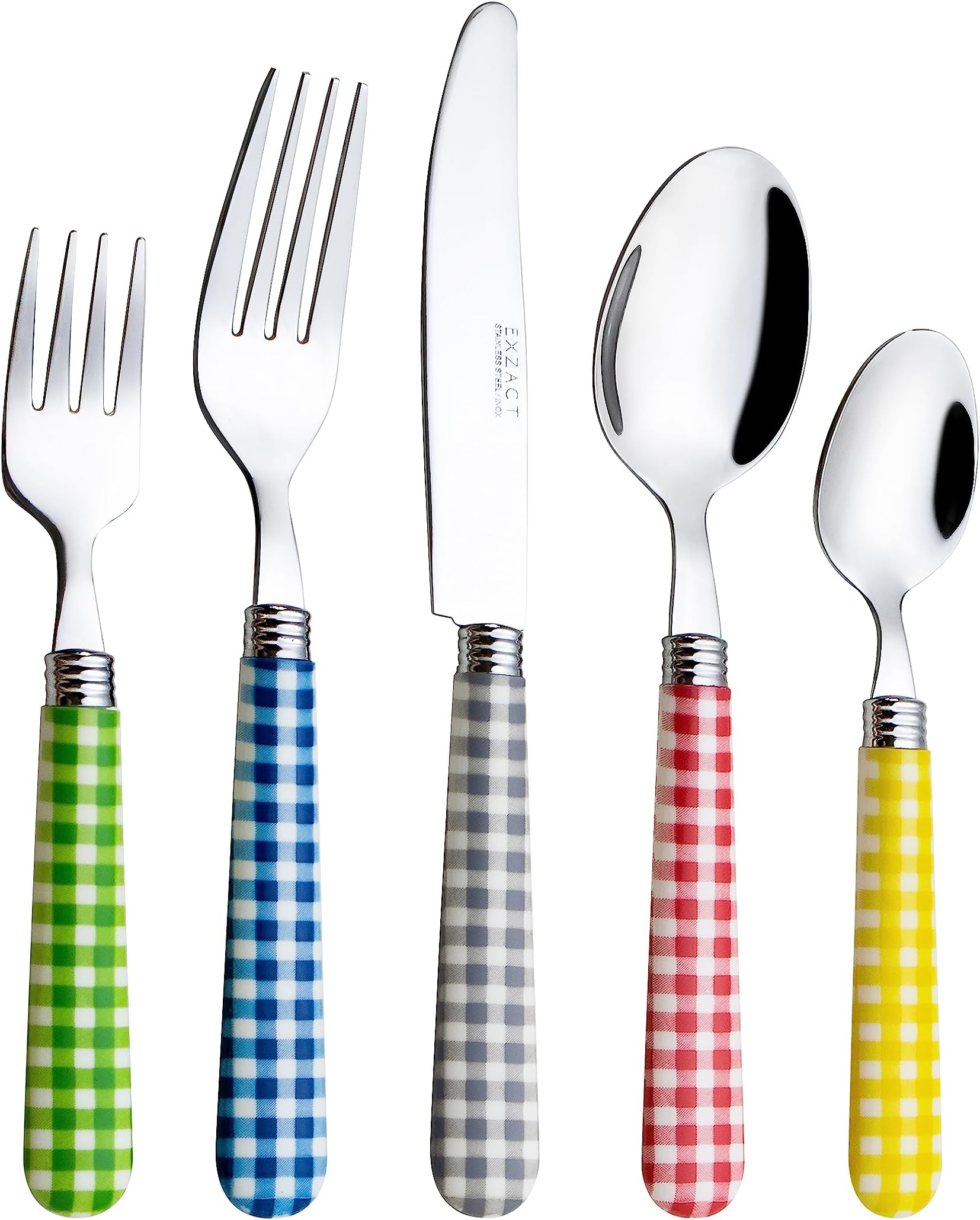 EXZACT Cutlery Set 24pcs Stainless Steel with Gingham Check Coloured ...