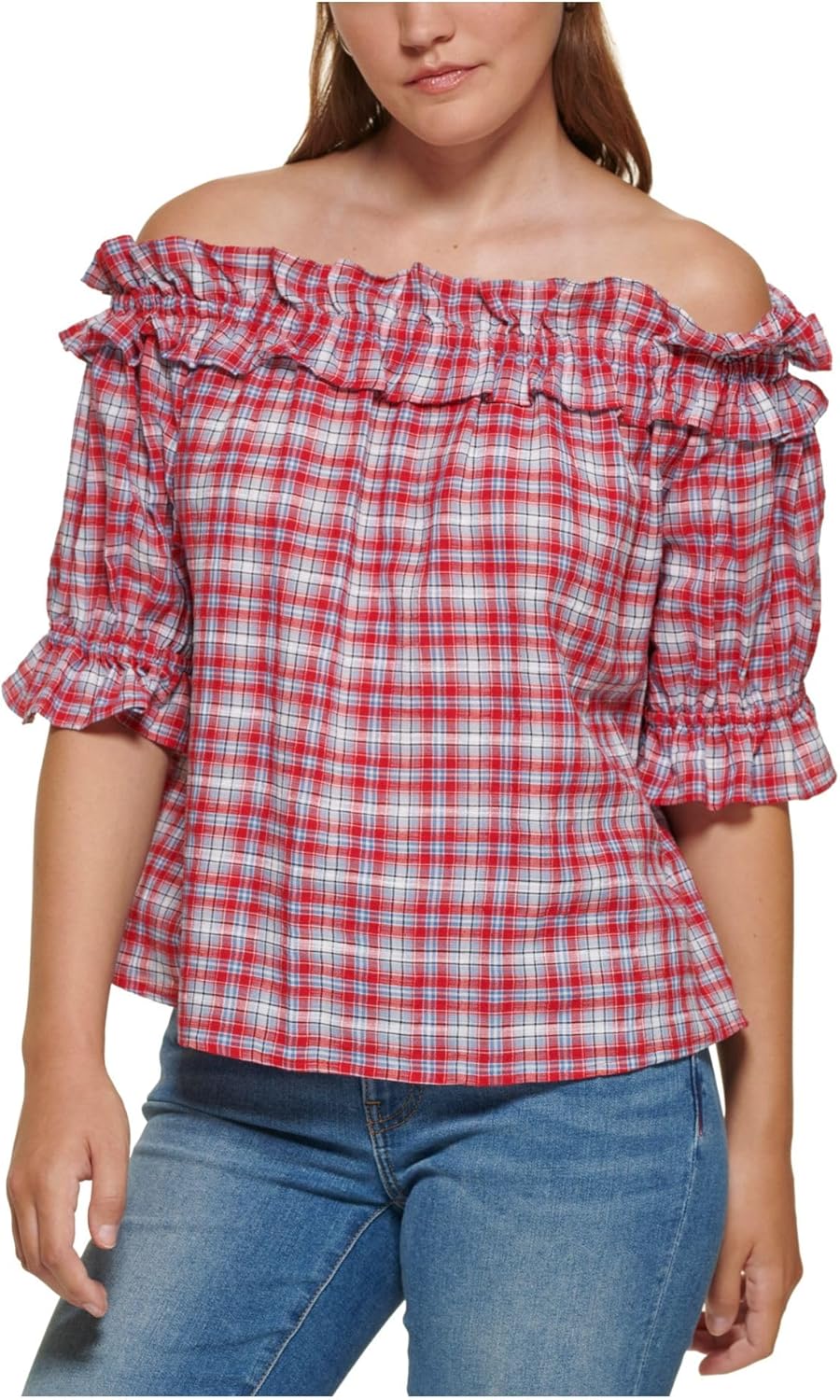 Tommy Hilfiger Womens Ruffled Plaid Blouse Red XL