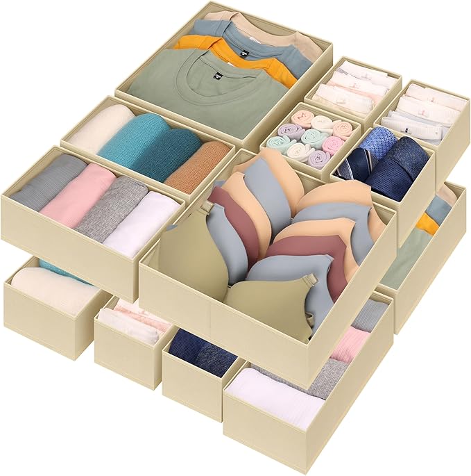 Goamz 12 Pack Beige Drawer Organiser for Clothes - Drawer Dividers ...