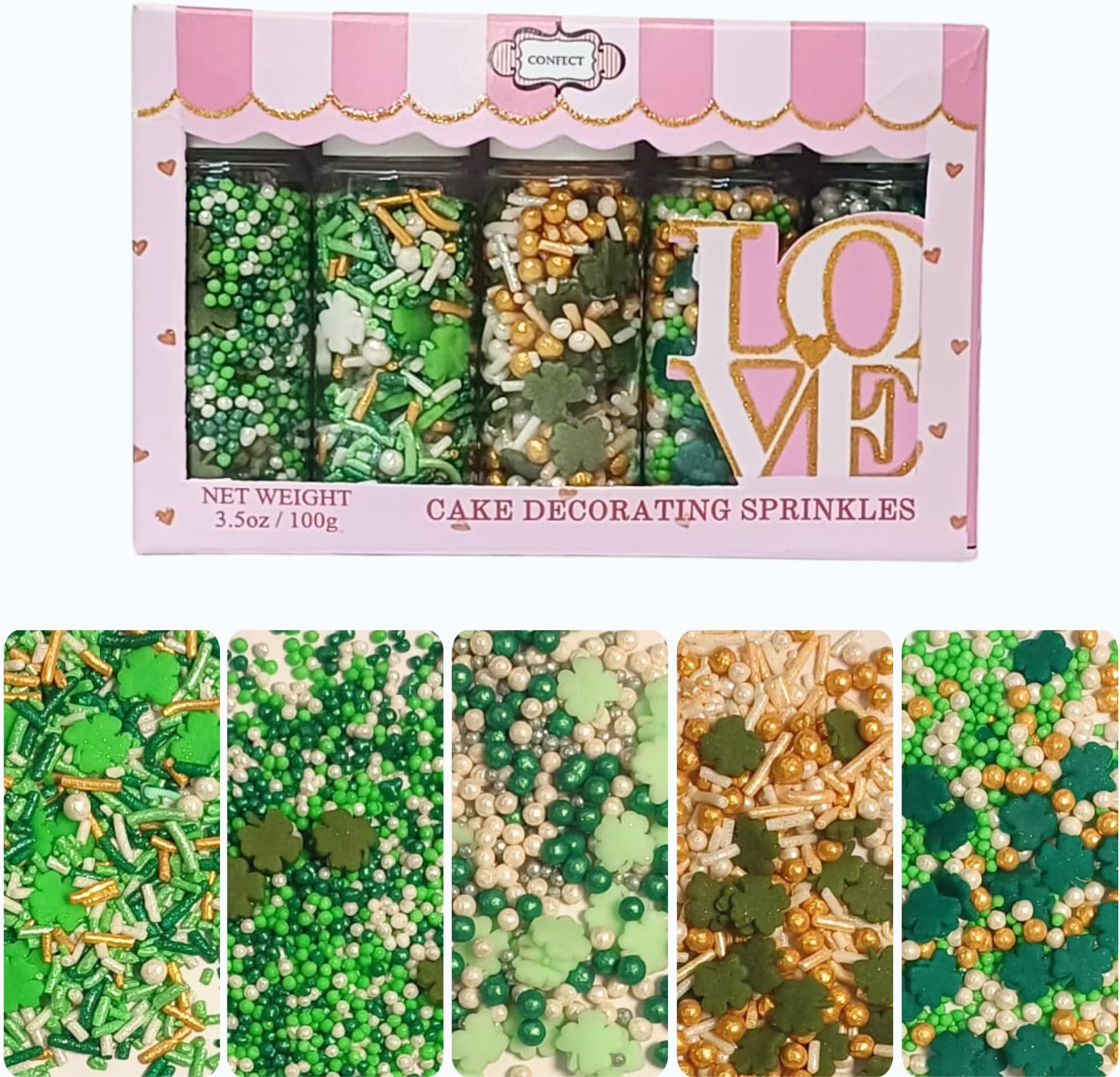 Amazon.com: Confect Green,White and Gold Pearl, Vermicelli Sprinkles ...