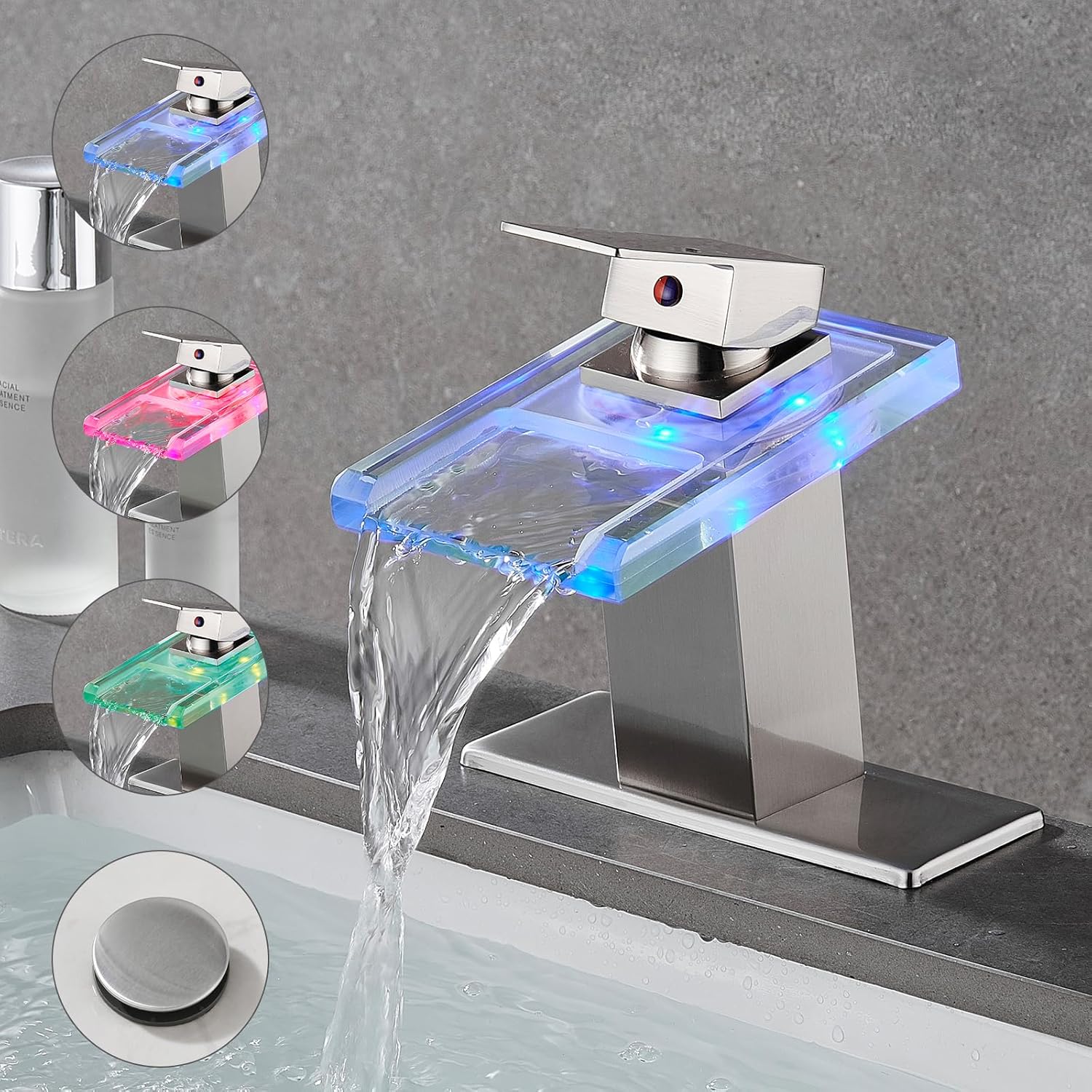 ZORIOU LED Bathroom Sink Faucets, Brushed Nickel Waterfall 3 LED Light ...