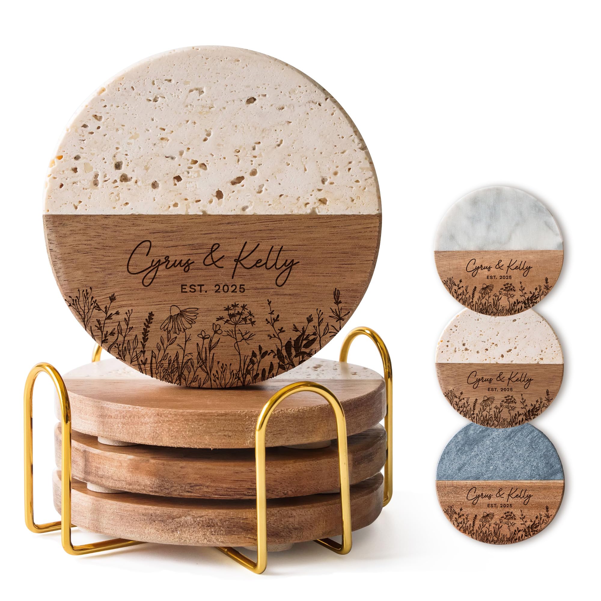 Amazon.com: Custom Vibes Luxury Marble and Wood Coasters, Set of 4 with ...