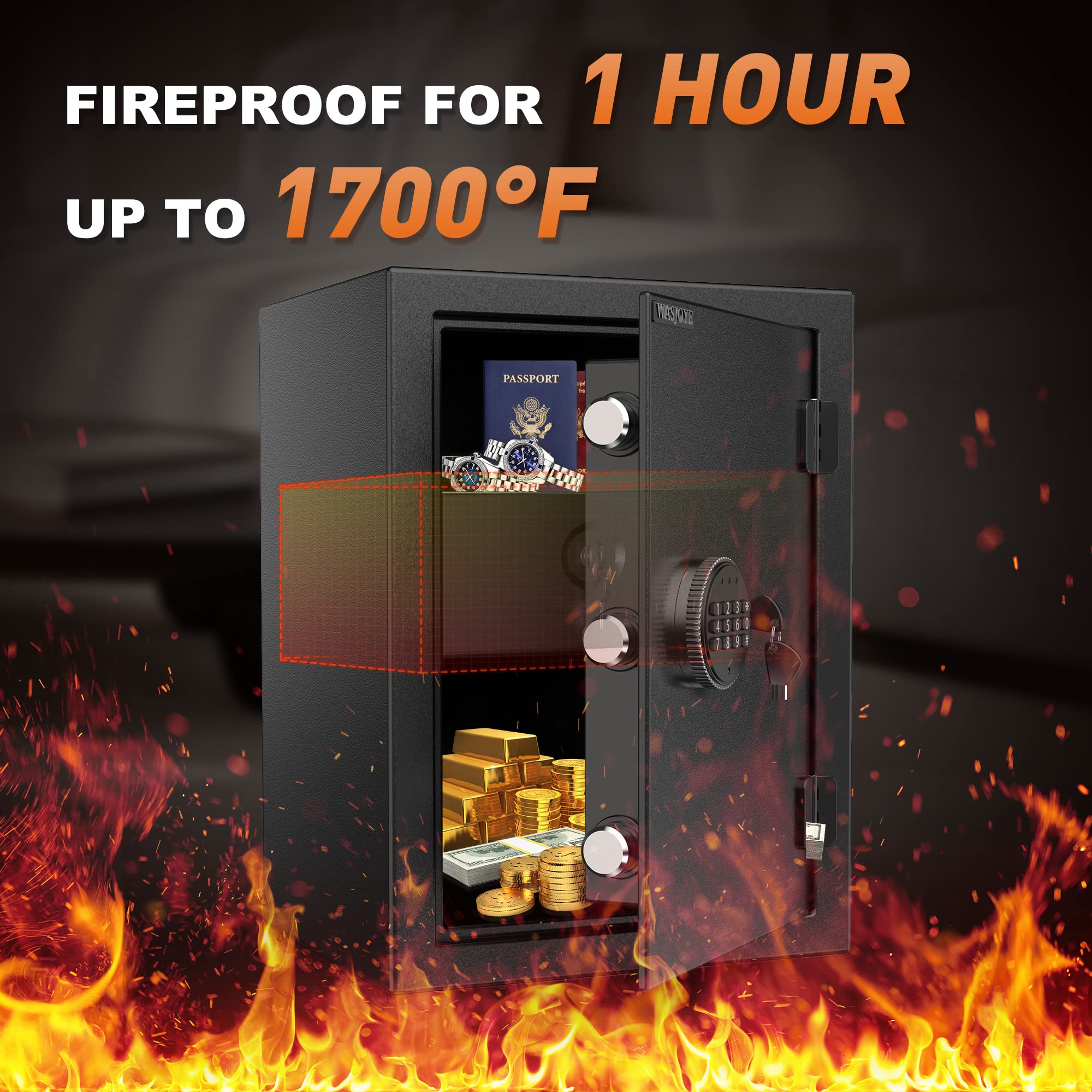 WASJOYE Fireproof Safe, Fireproof and Waterproof Home Safe with ...
