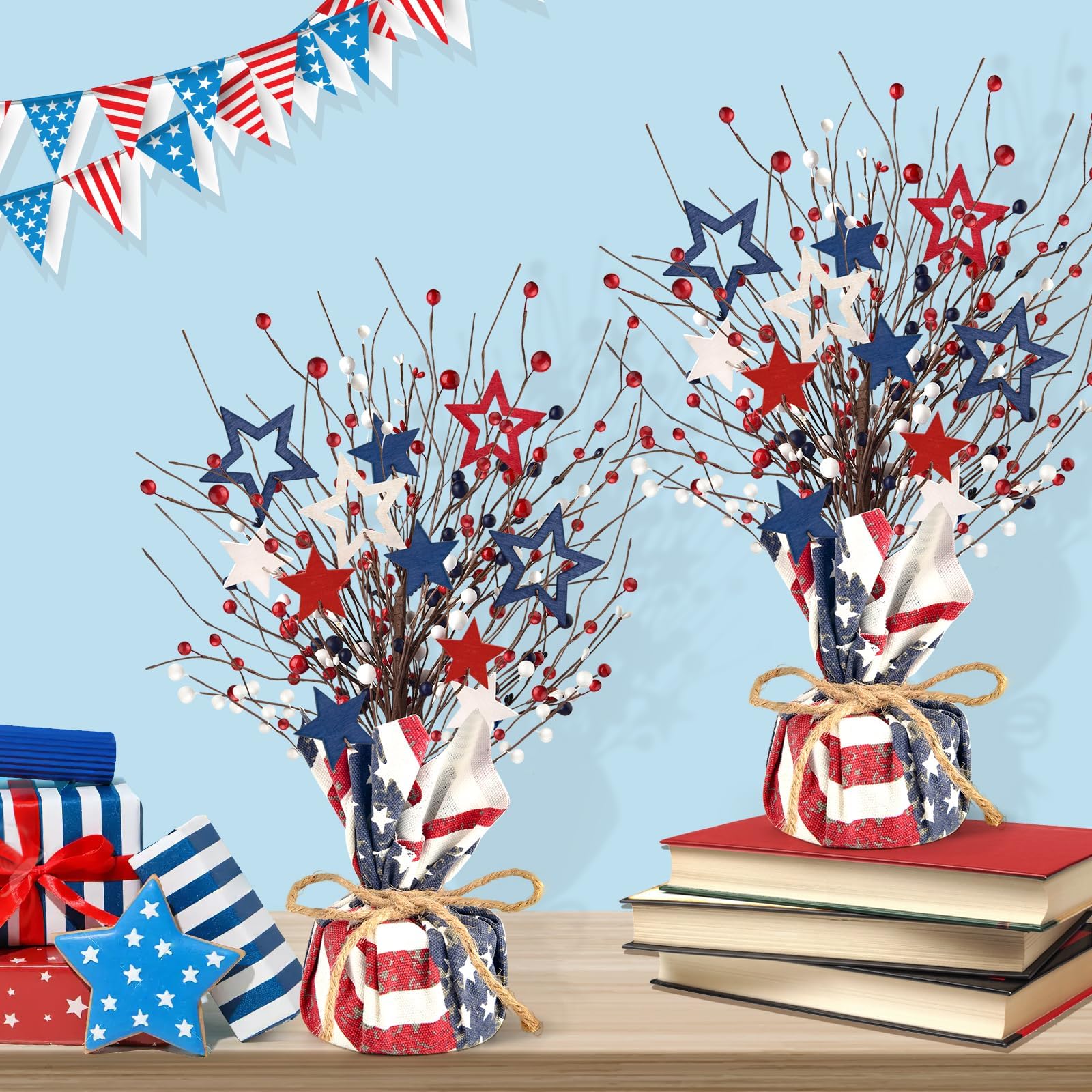 Amazon.com: 2 Pack 4th of July Artificial Tree Tabletop Decor Red Blue ...