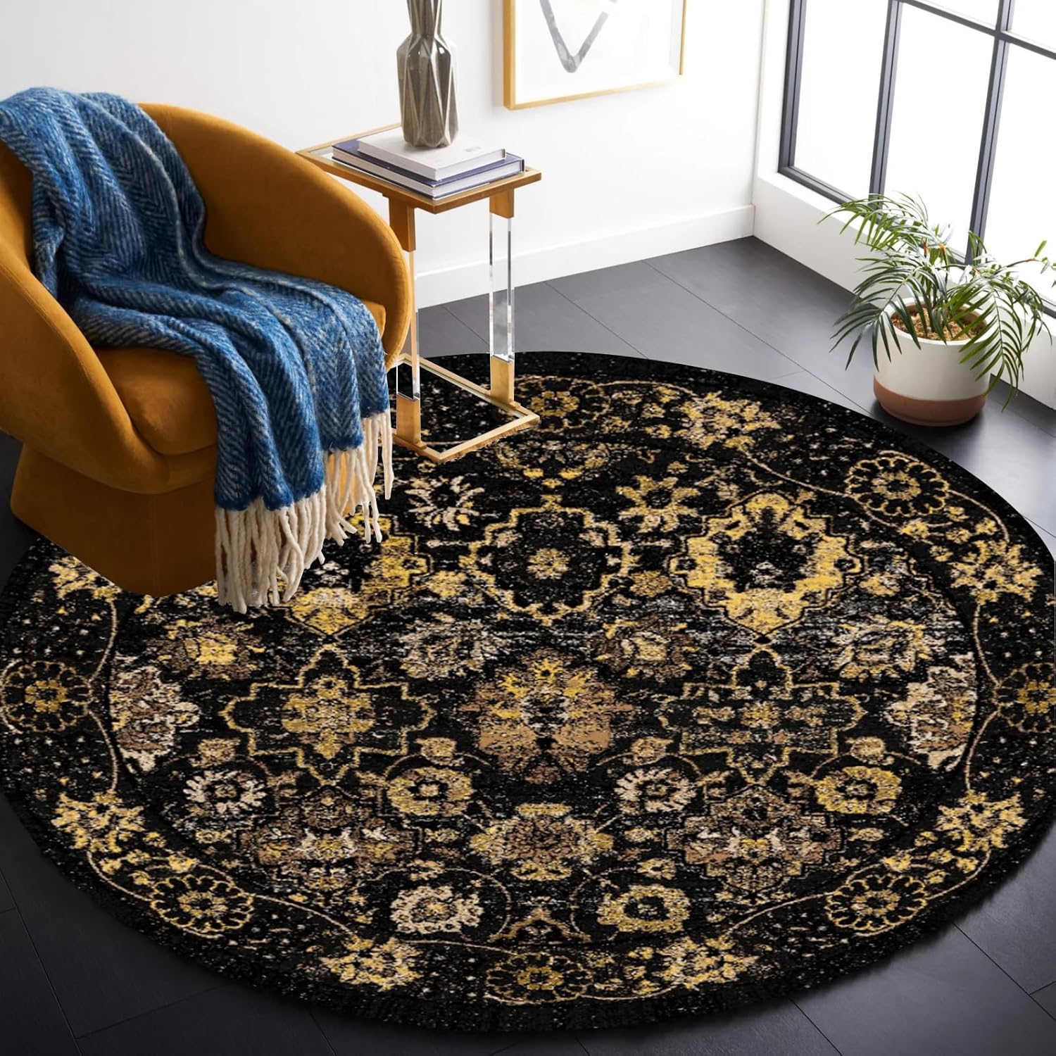 Amazon.com: Black Gold Traditional Round Rug for Living Room Bedroom ...