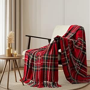Amazon.com: EVERGRACE Stewart Red Christmas Plaid Chenille Throw ...