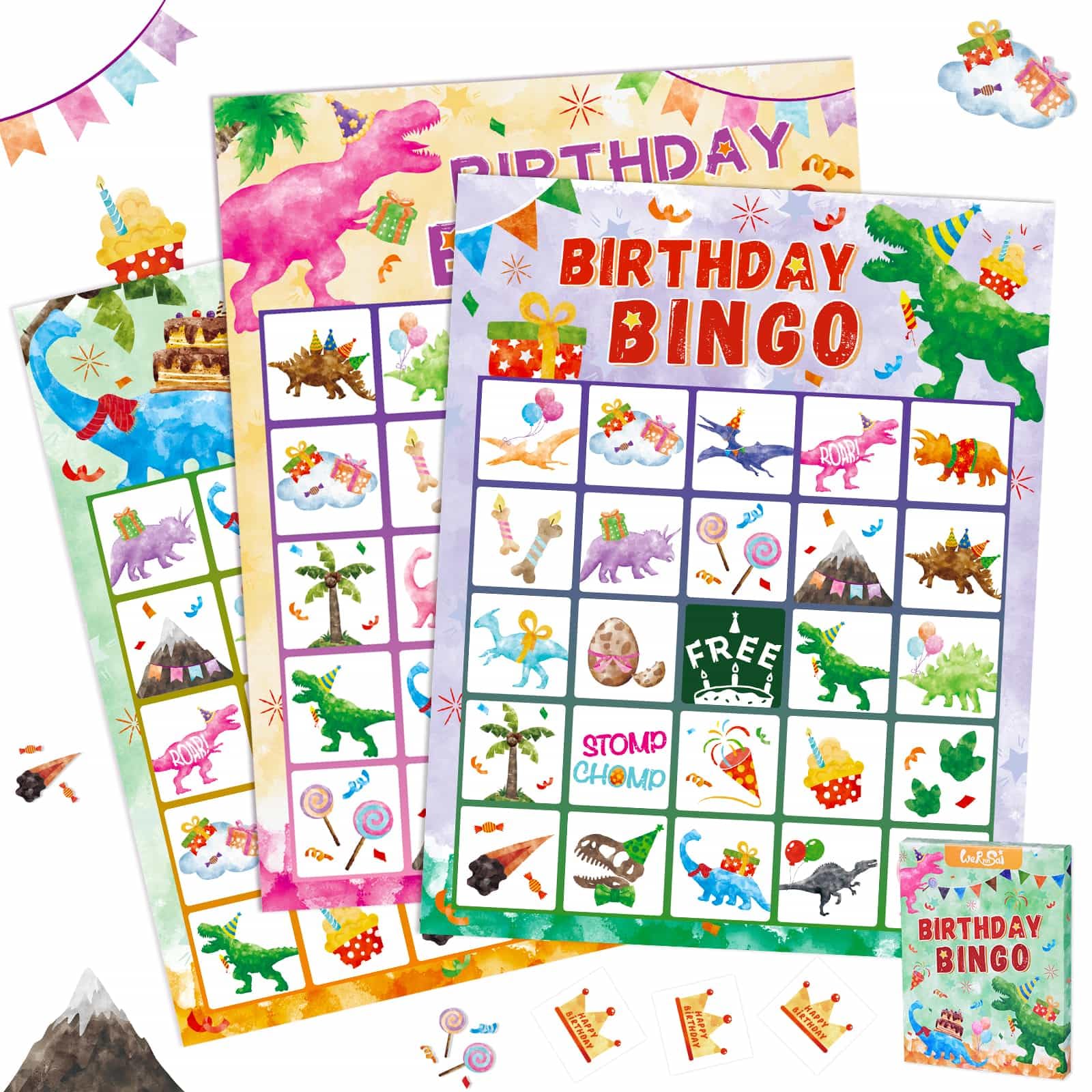 Buy WERNNSAI DInosaur Birthday Bingo Game for Kids - 24 Sets Watercolor ...