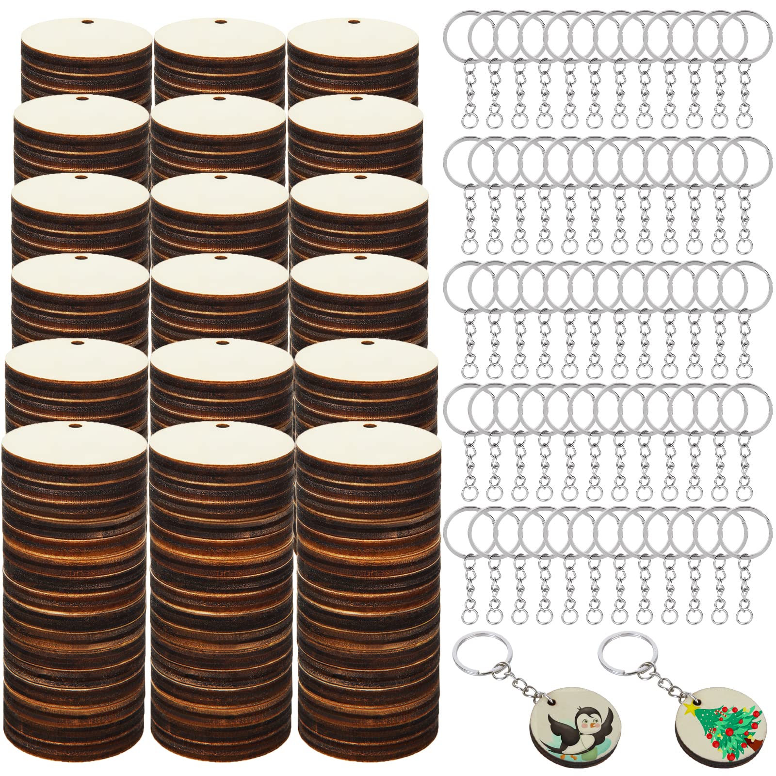 JMIATRY 200 Pcs Natural Wood Slices Keyrings, 35mm Predrilled Log ...