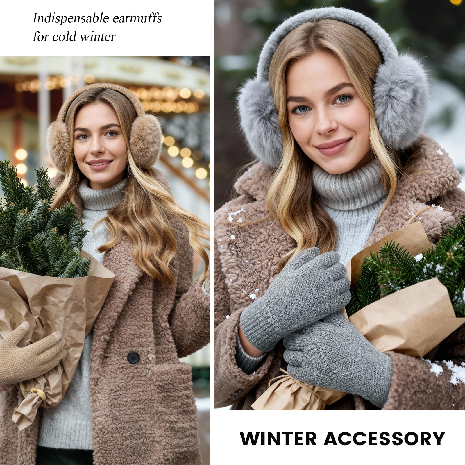 Snapklik.com : Winter Ear Muffs Gloves For Women, Foldable Faux Fur ...