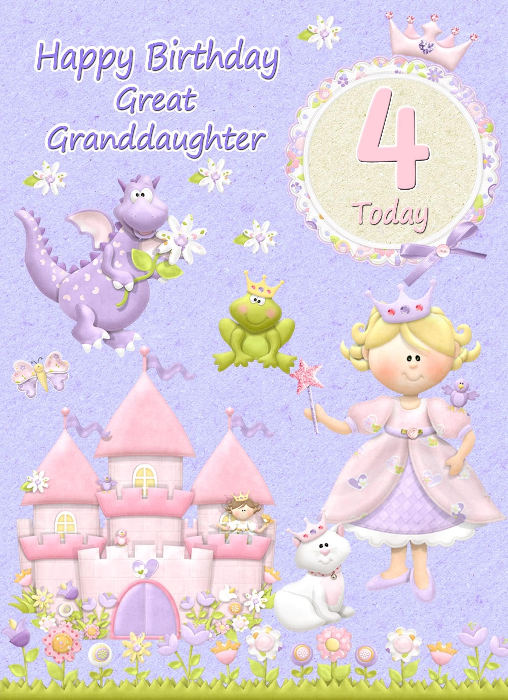 Kids 4th Birthday Princess Cartoon Card for Great Granddaughter ...