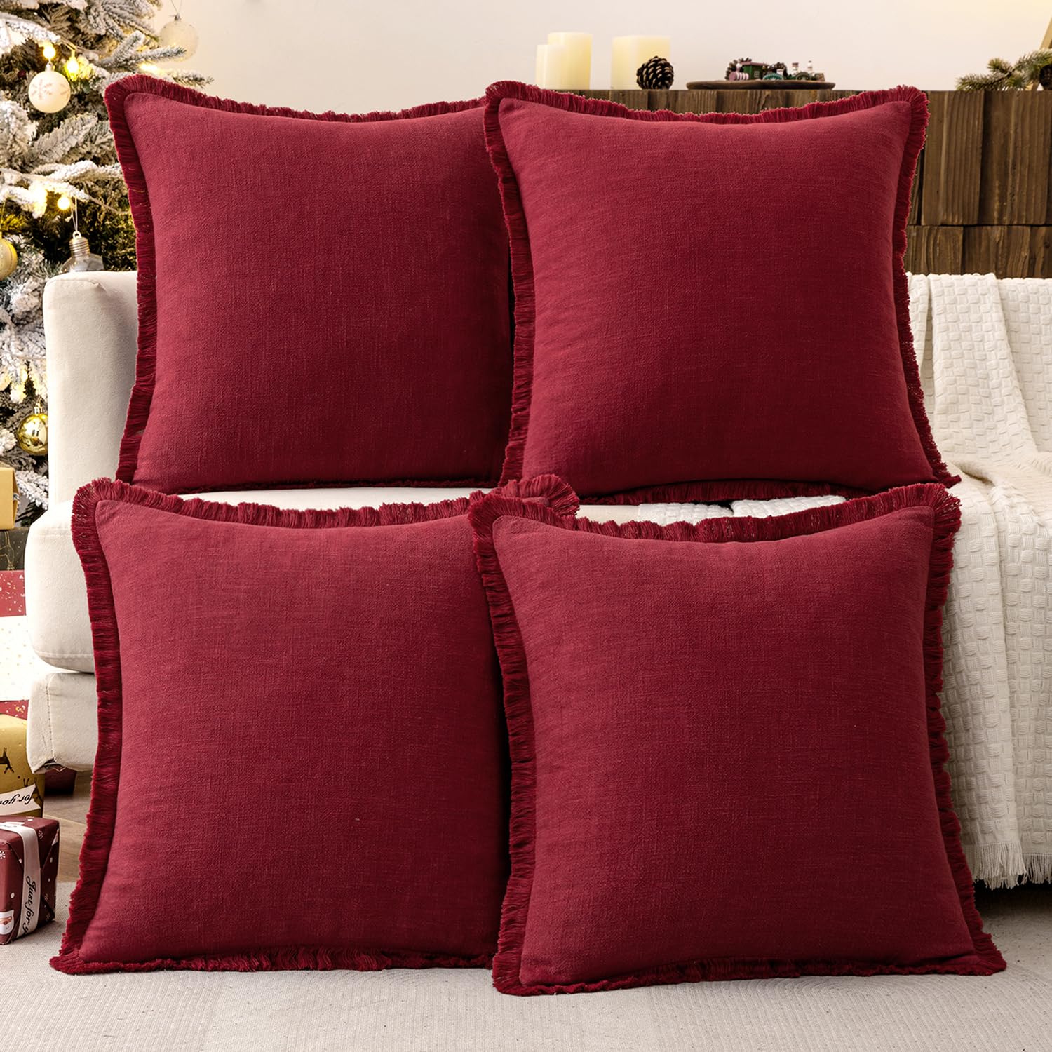 Amazon.com: MIULEE Linen Pillow Covers 18x18 Inch Burgundy Red ...