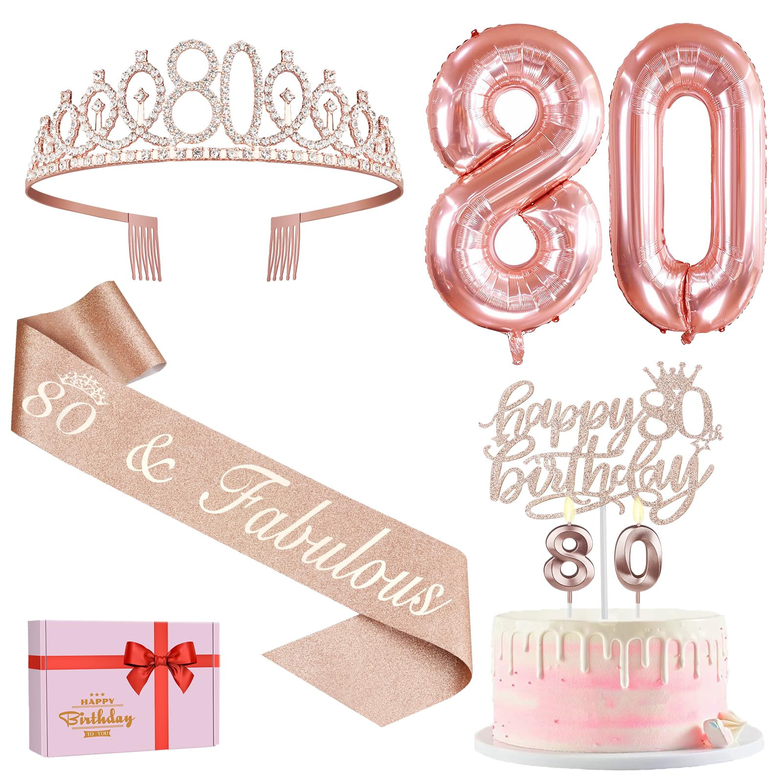 80th Birthday Decorations for Women, Including 80th Birthday Sash and ...