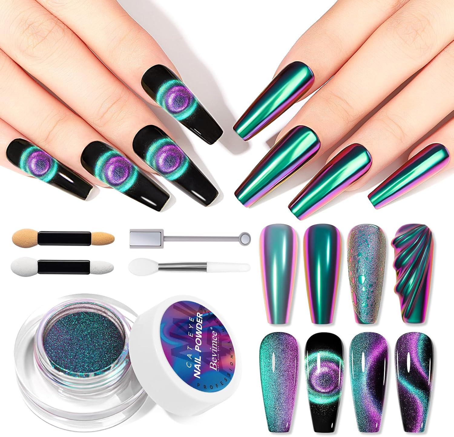 Amazon.com : Bevimee Cat Eye Chrome Nail Powder, 2-in-1 Chameleon ...
