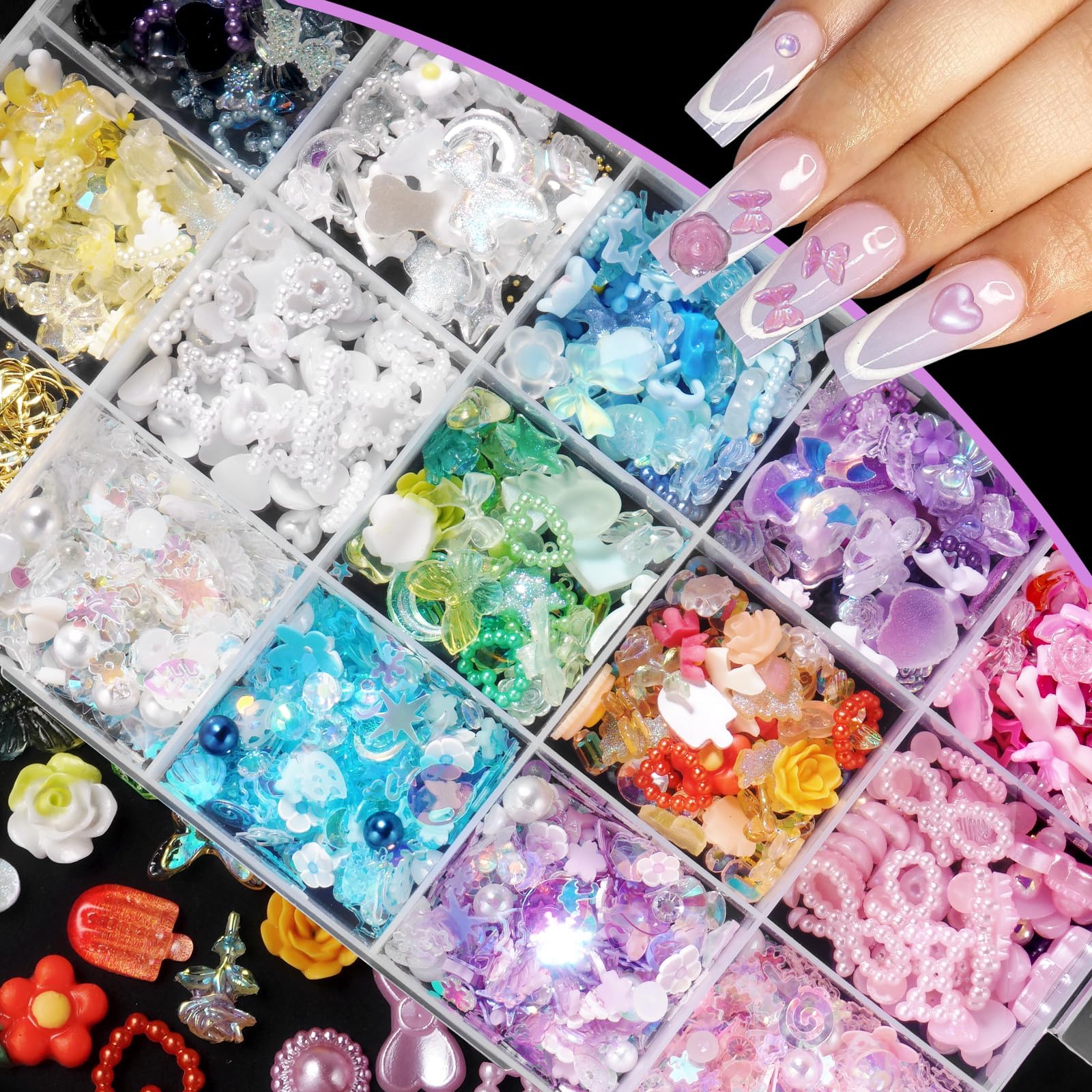 Amazon.com: 3D Assorted Pearls Cute Nail Charms Set Colorful Flower ...