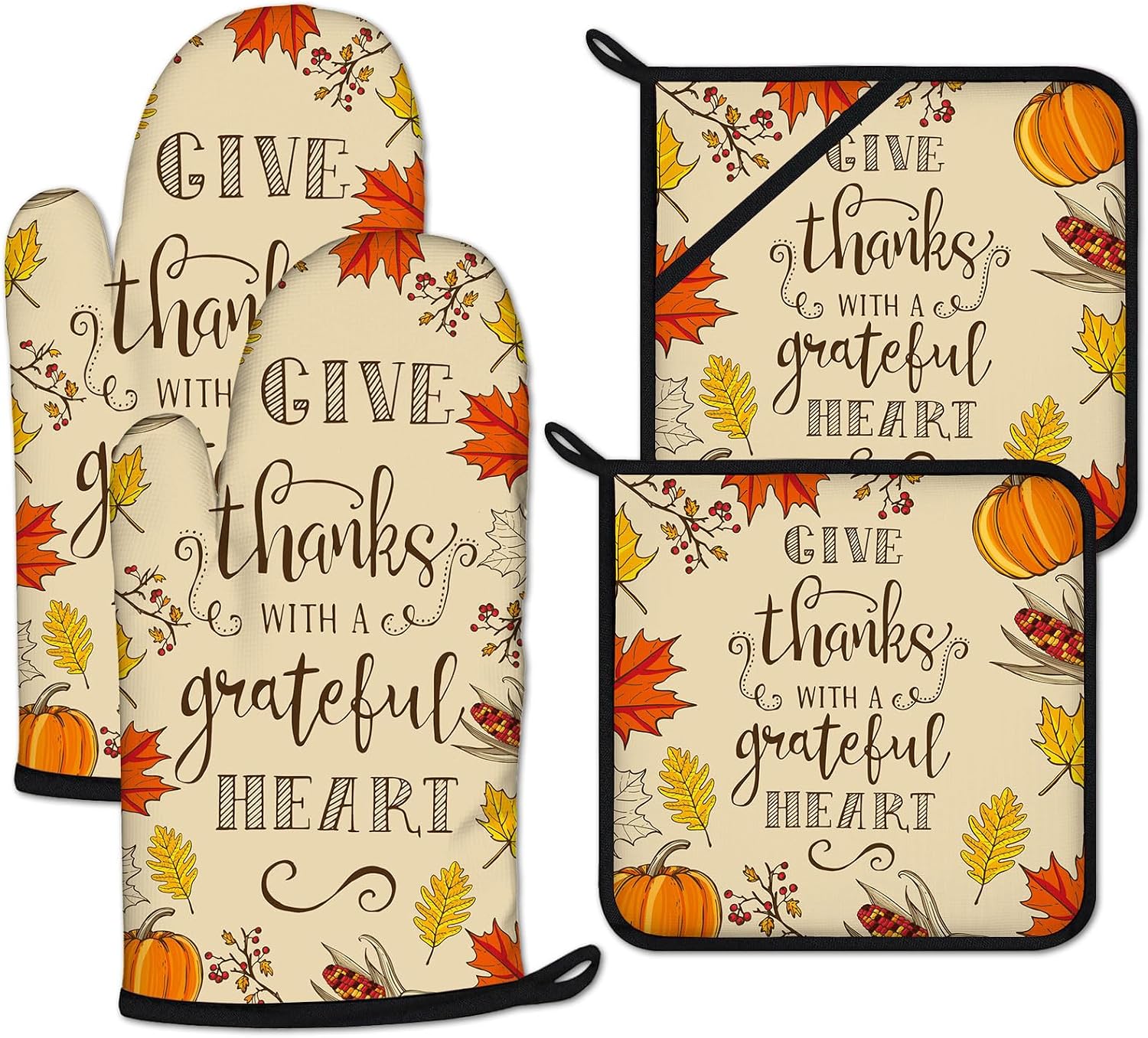 Amazon.com: Thanksgiving Maple Pumpkin Oven Mitts and Pot Holders Set 4 ...