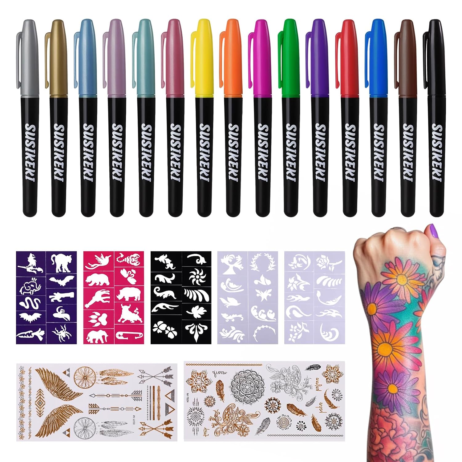 Amazon.com : SUSIKEKI Temporary Tattoo Markers for Skin, 15 Colors ...