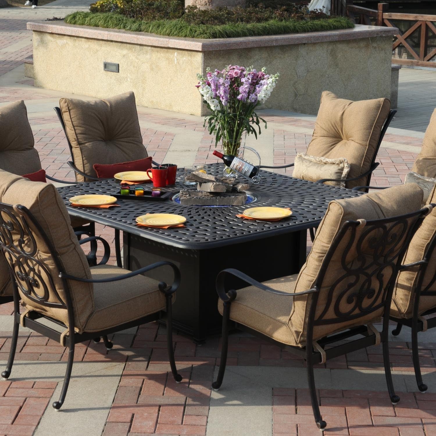 Amazon.com : Darlee Santa Anita 9 Piece Cast Aluminum Patio Fire Pit ...
