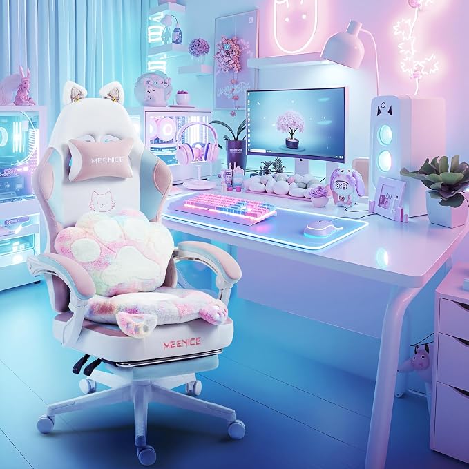 Amazon.com: MEENICE Gaming Chair Cute with Cat Ears Paw Lumbar and ...