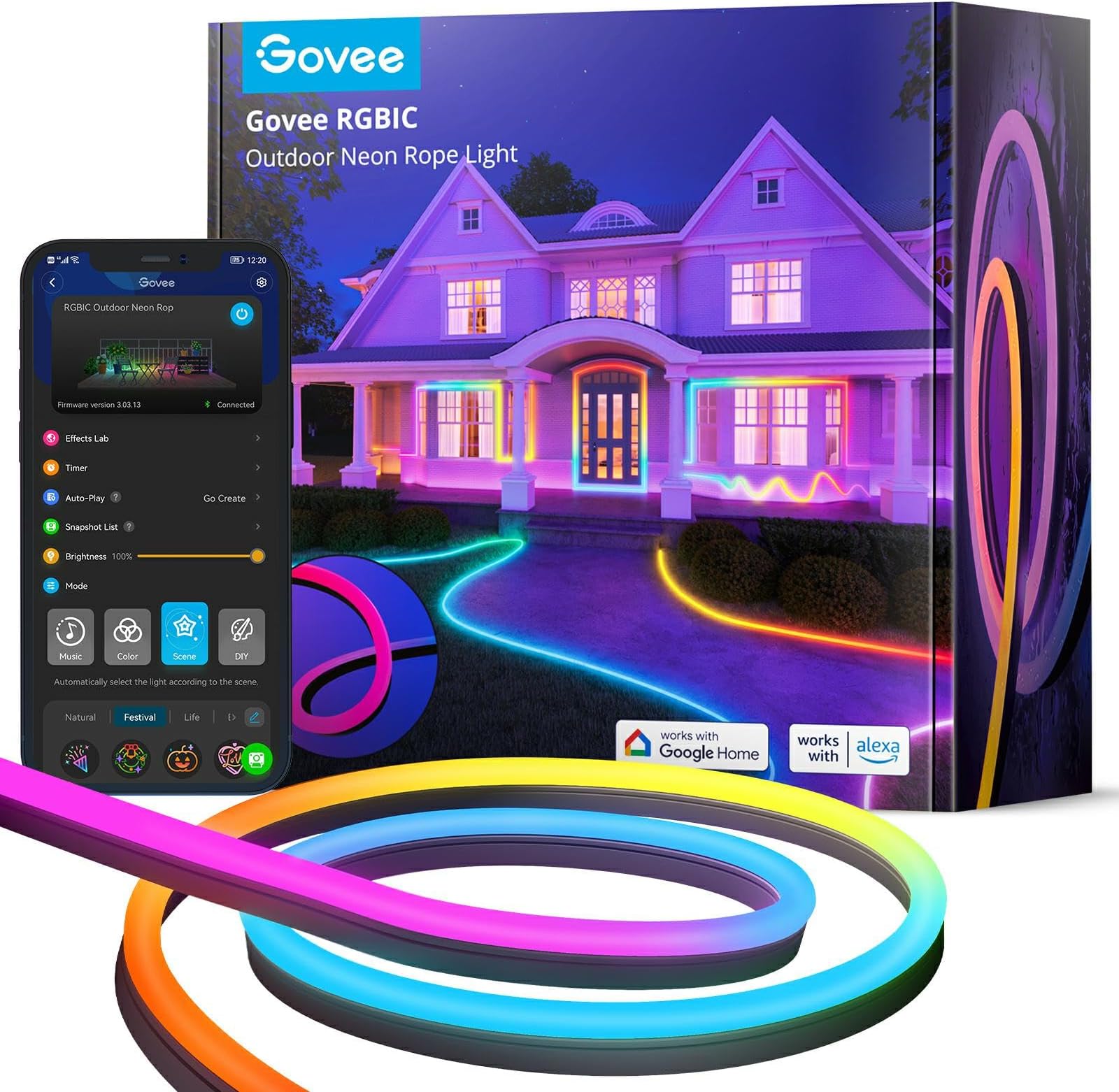 Govee Outdoor Neon Rope Lights, 10M RGBIC IP67 Waterproof Christmas ...