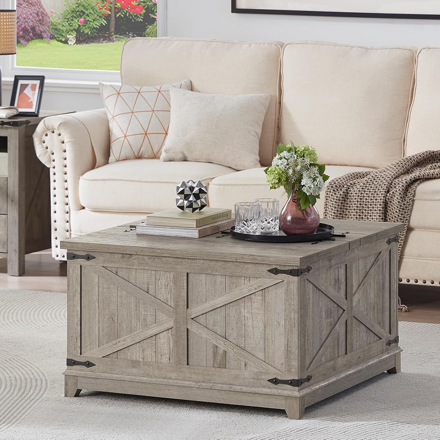 Joaxswe Farmhouse Coffee Table with Hidden Storage Space, Wood Square ...