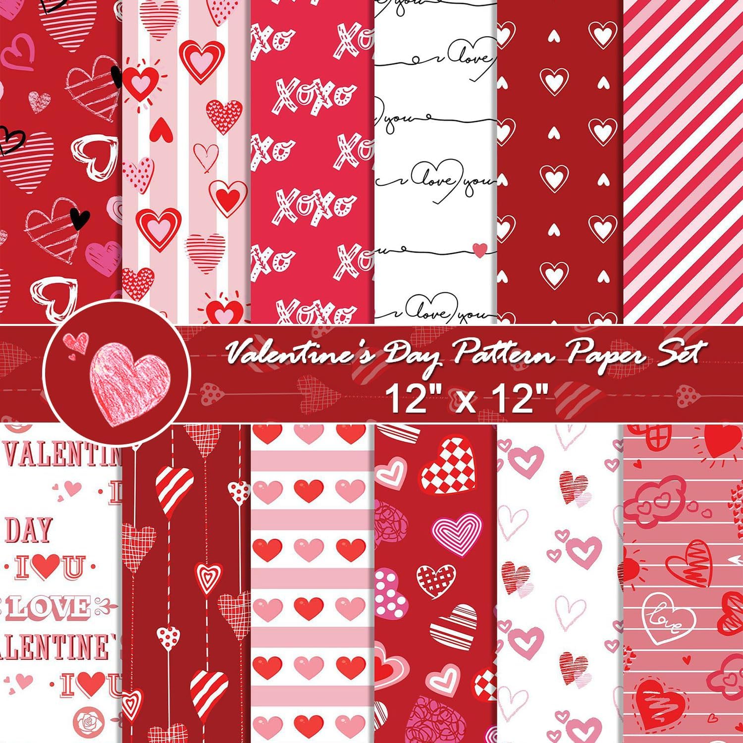 Amazon.com : sorkwo 24 Sheets Valentine - Day Pattern Paper Set, 12"x12 ...