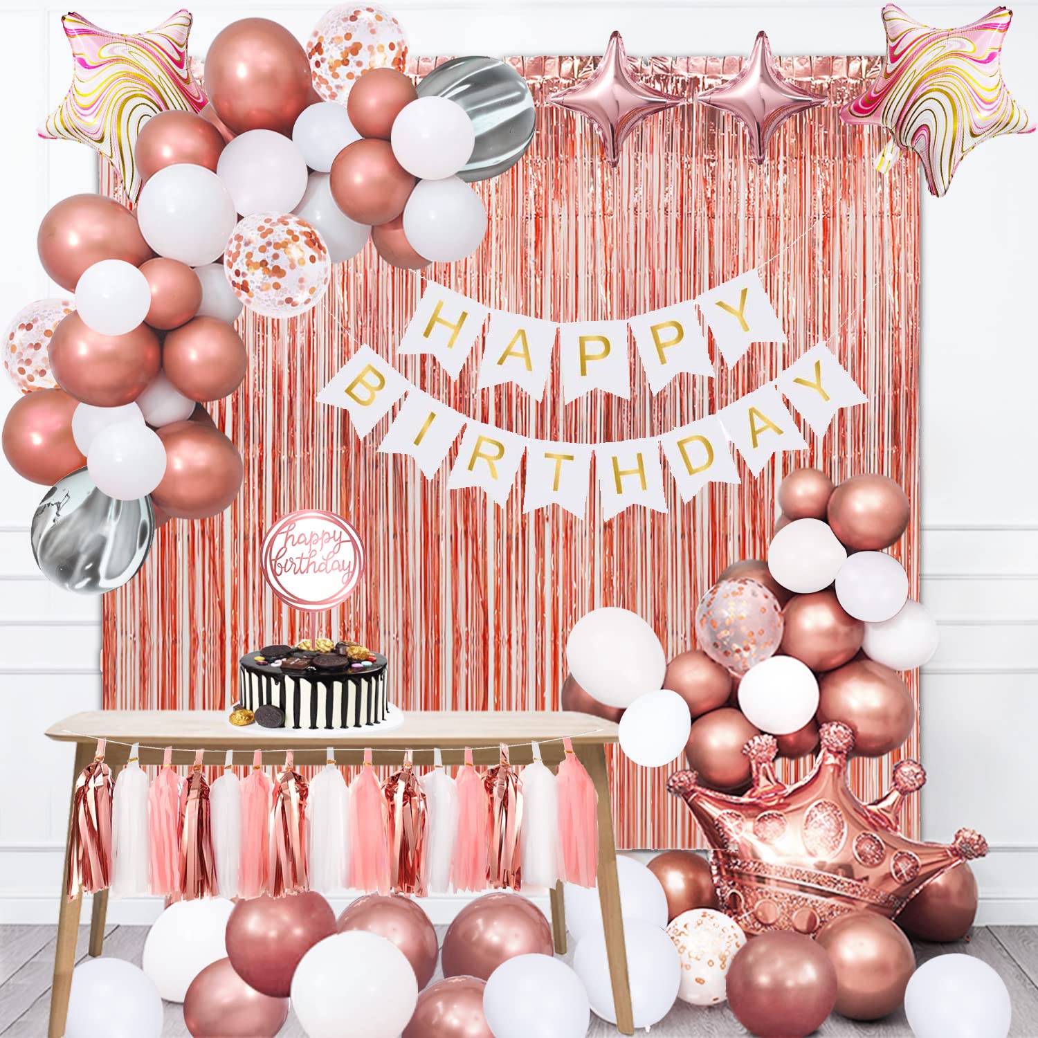 Rose Gold Birthday Decorations Set - KATBUU Gold White Happy Birthday ...