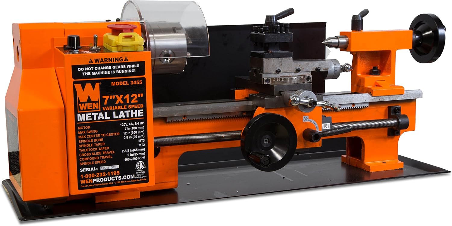 WEN 3455 Variable Speed 7 by 12 Inch Two-Direction Benchtop Metal Lathe ...