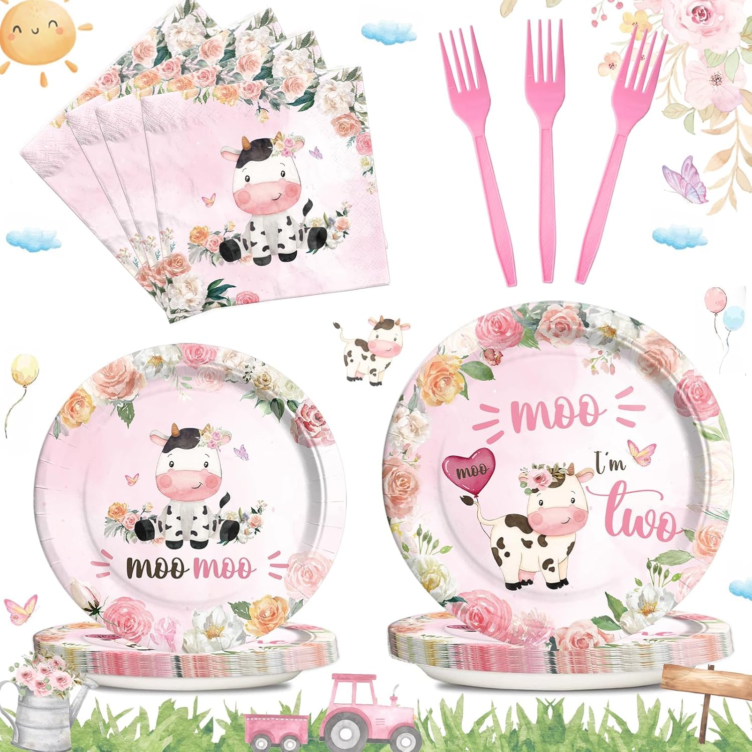 Amazon.com: Hombae Moo Moo Im Two Birthday Supplies Tableware Set, Moo ...