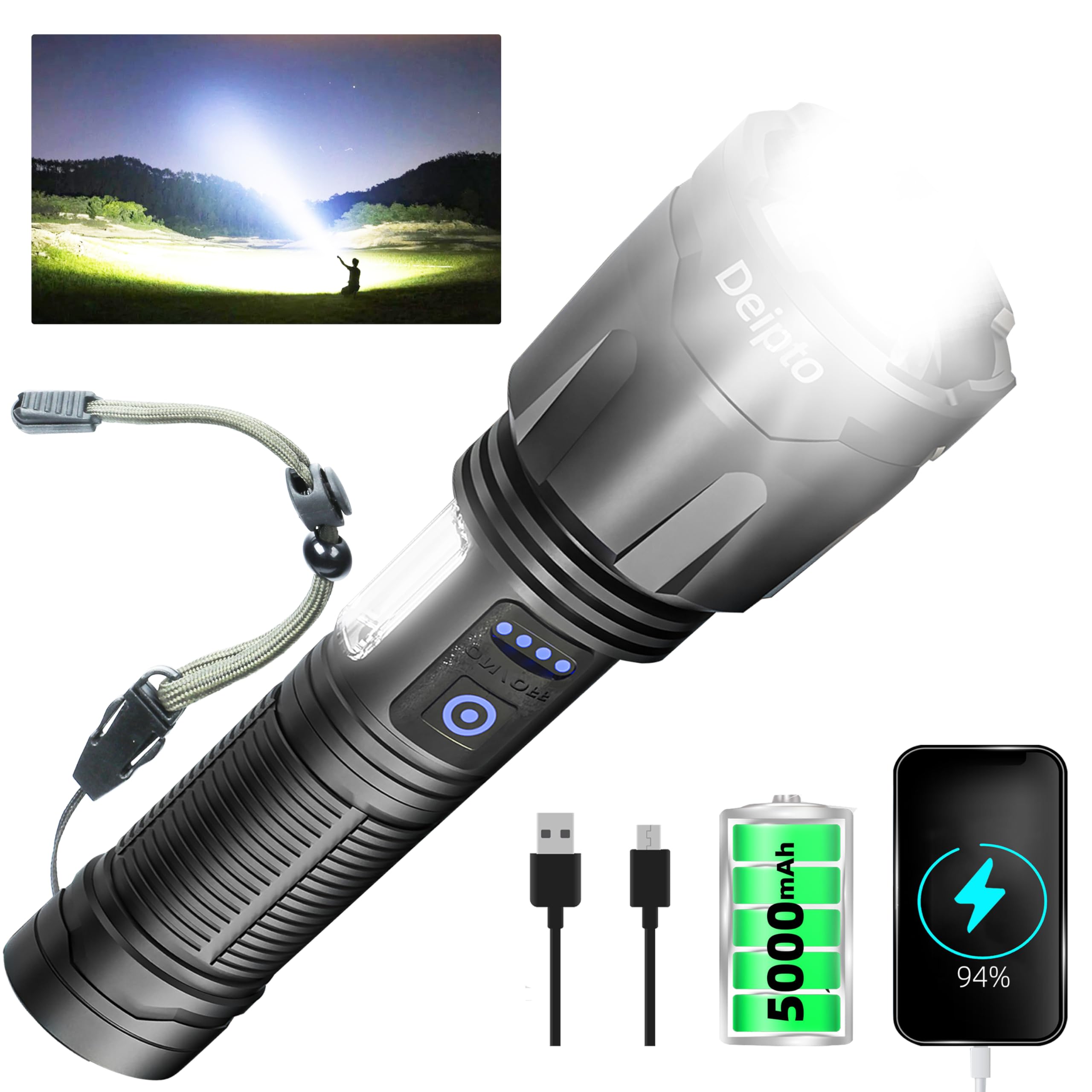 Deipto Rechargeable Flashlights High Lumens, Super Bright Flashlight ...