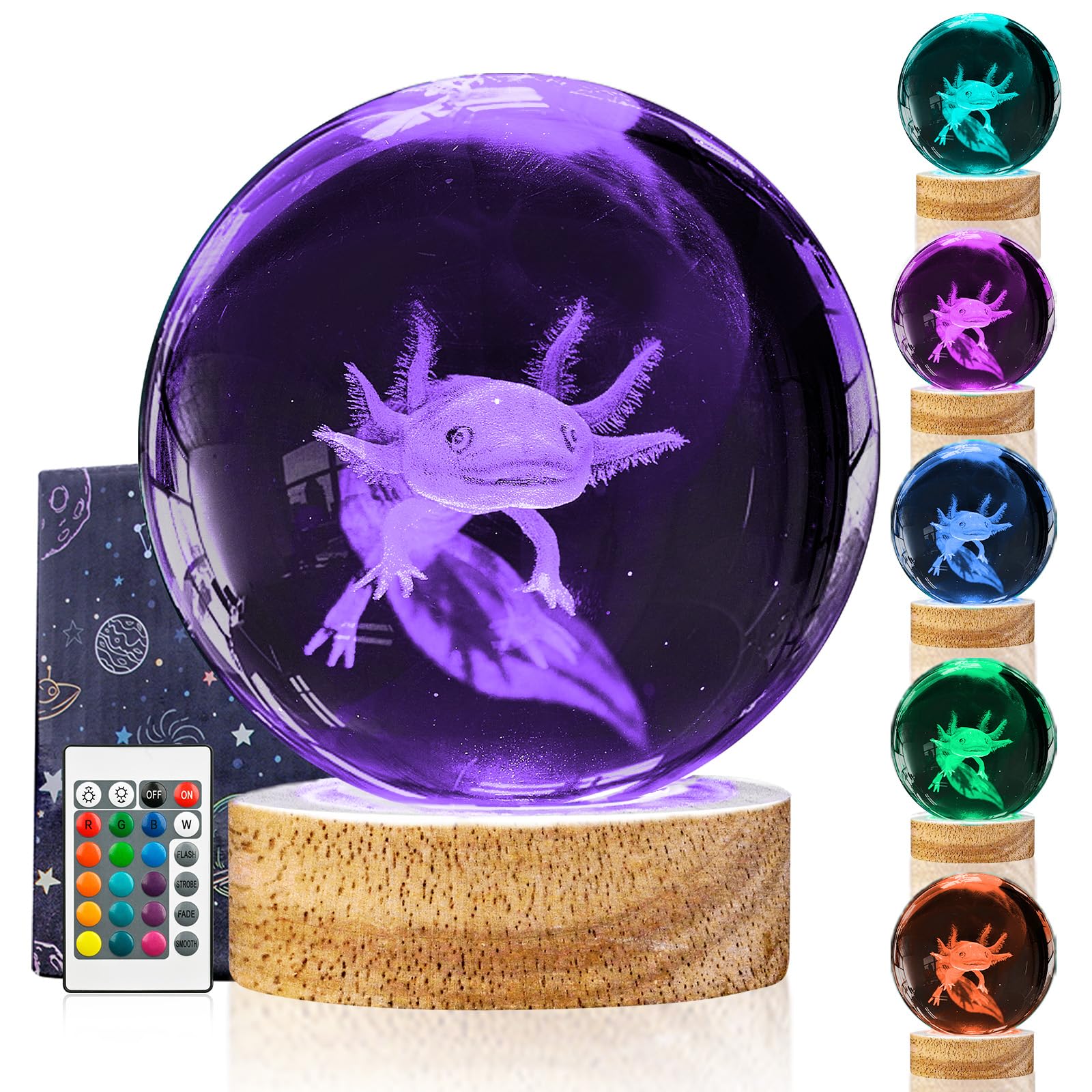 3D Axolotl Crystal Ball Night Light with LED Wooden Base Upgraded 3.15 ...
