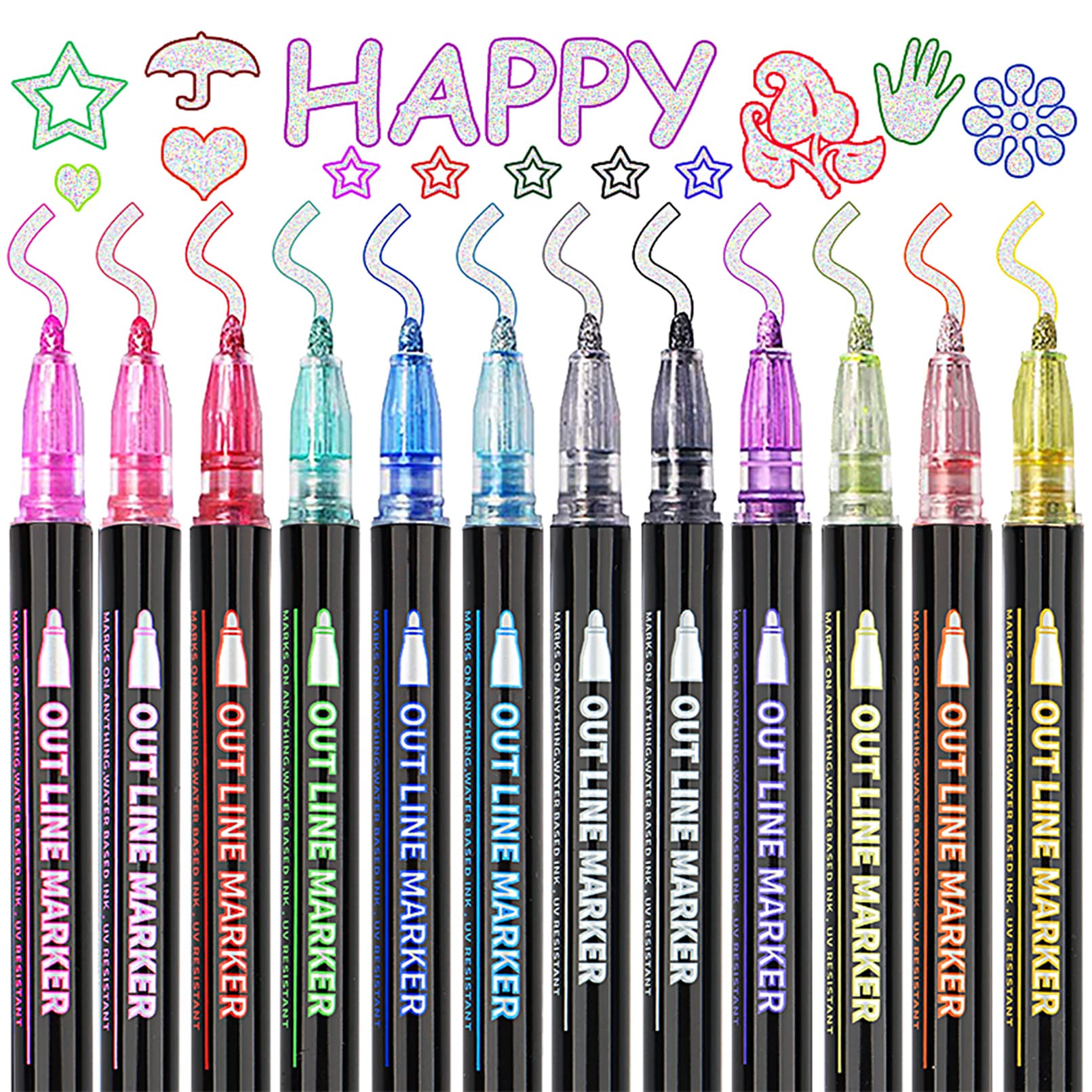 Double Line Outline Pens, DLUCKY 12 Colors Self-Outline Metallic ...