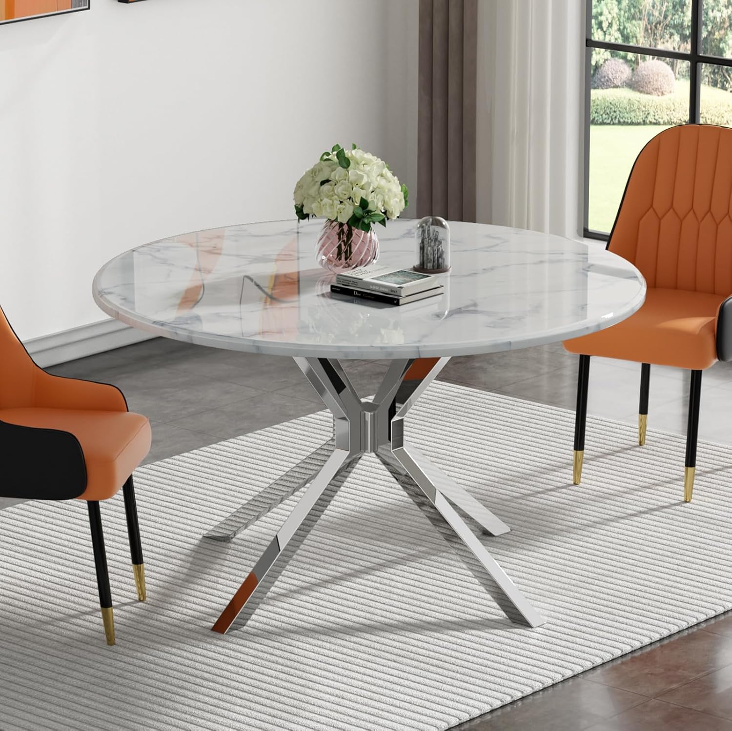 Amazon.com - Henf Luxury Marble Round Dining Table for 4-6 White Silver ...