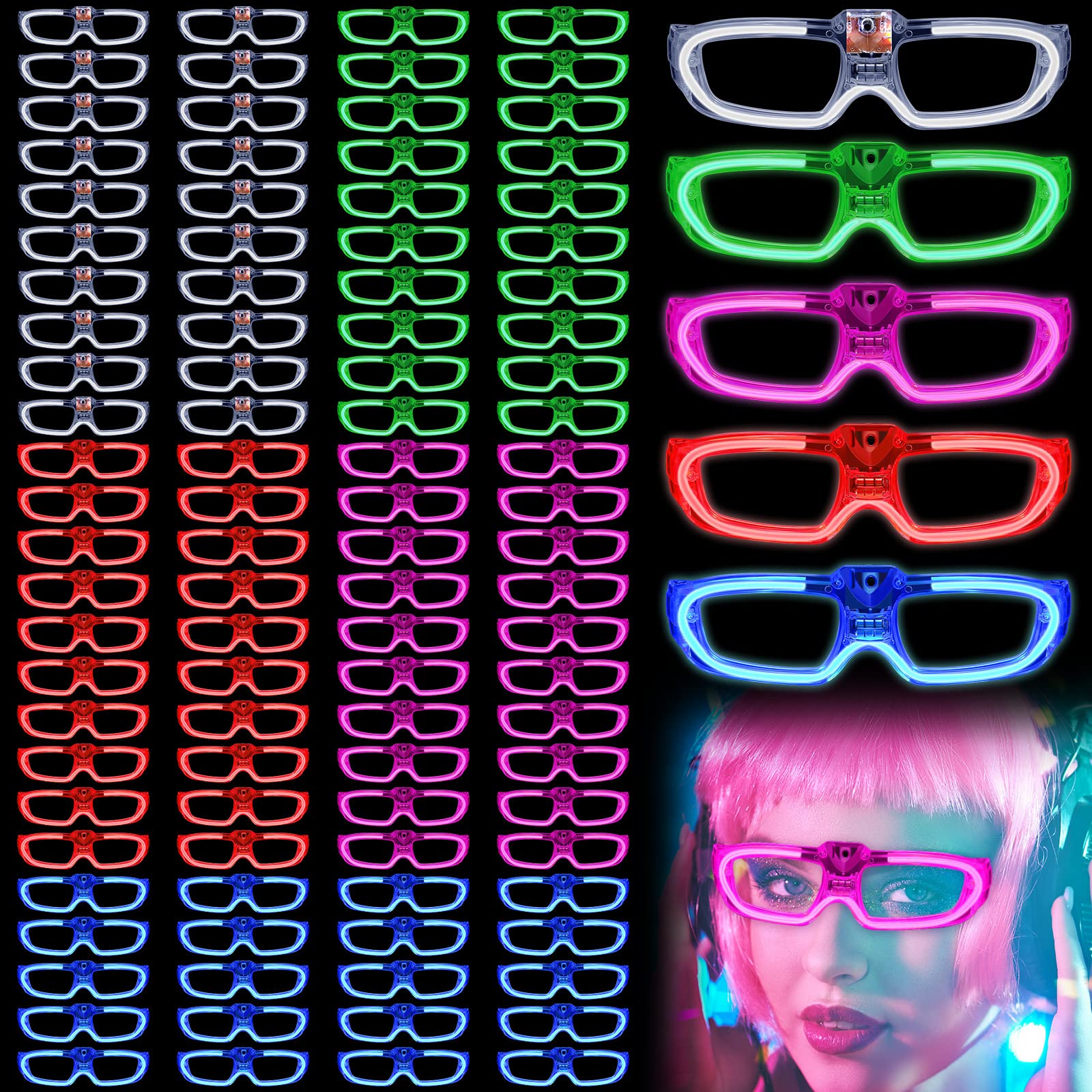 100 Pack Light up Glasses 5 Colors LED Glow Glasses Neon Glow Glasses ...