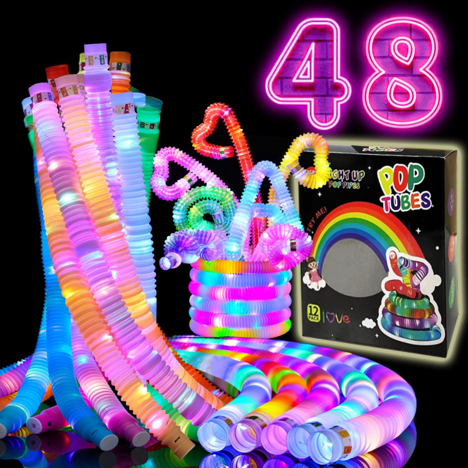 Amazon.com: AIRNEY 48 PCS Glow in The Dark Party Supplies, Light Up LED ...