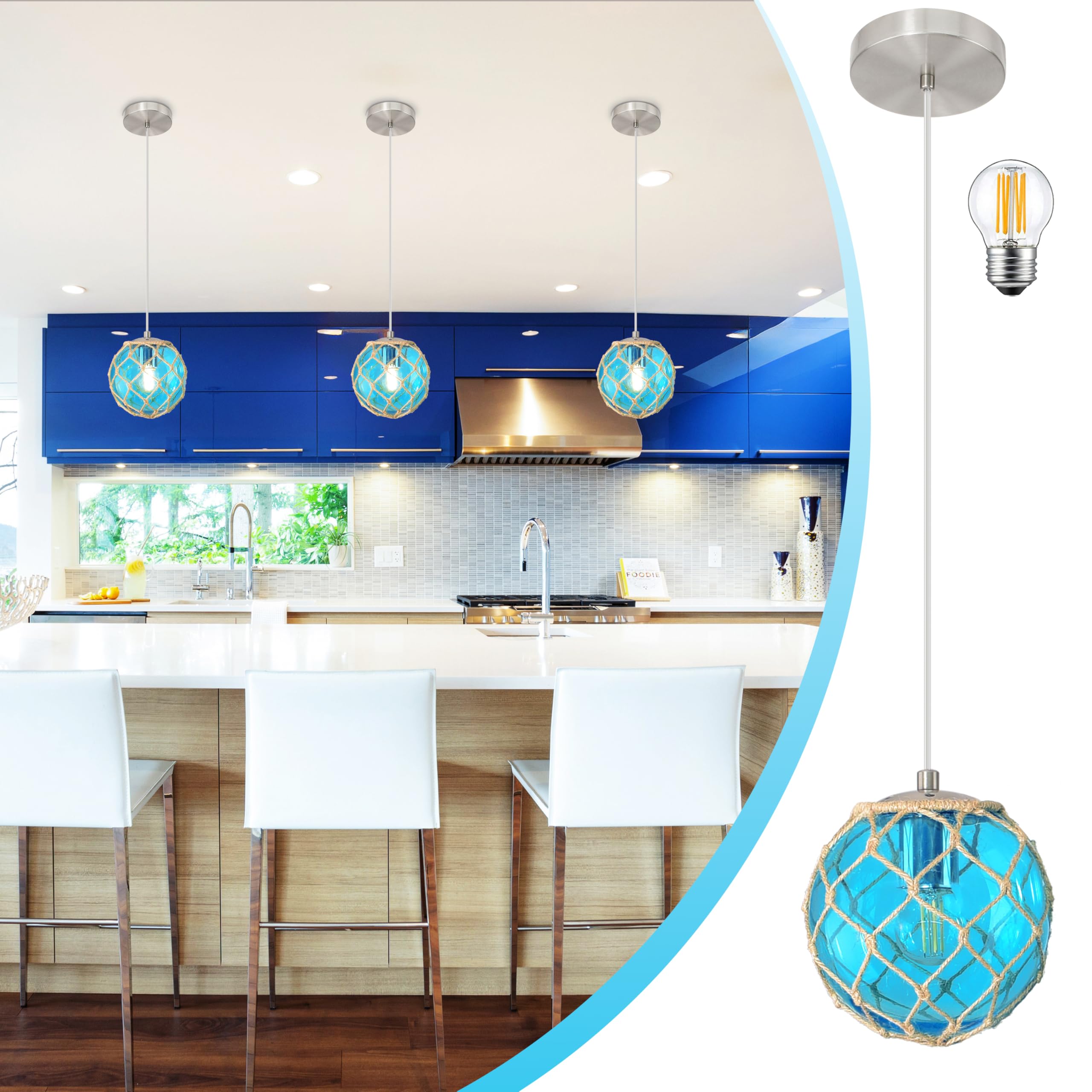 6" Blue Coastal Pendant Light Kitchen Island,Glass Globe Ocean Ceiling ...