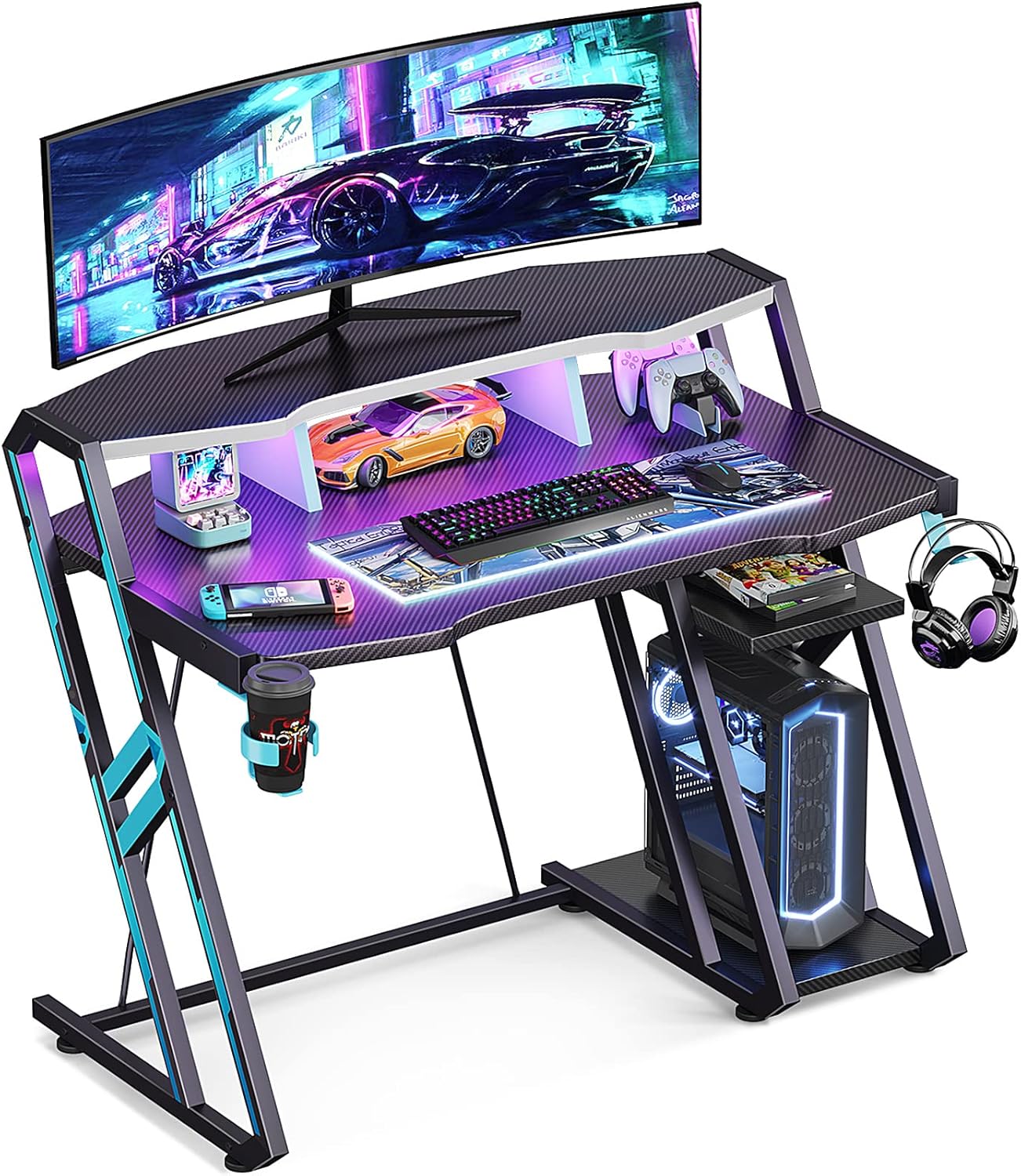 Amazon.com: MOTPK Gaming Desk with LED Lights 39 Inch, Computer Desk ...