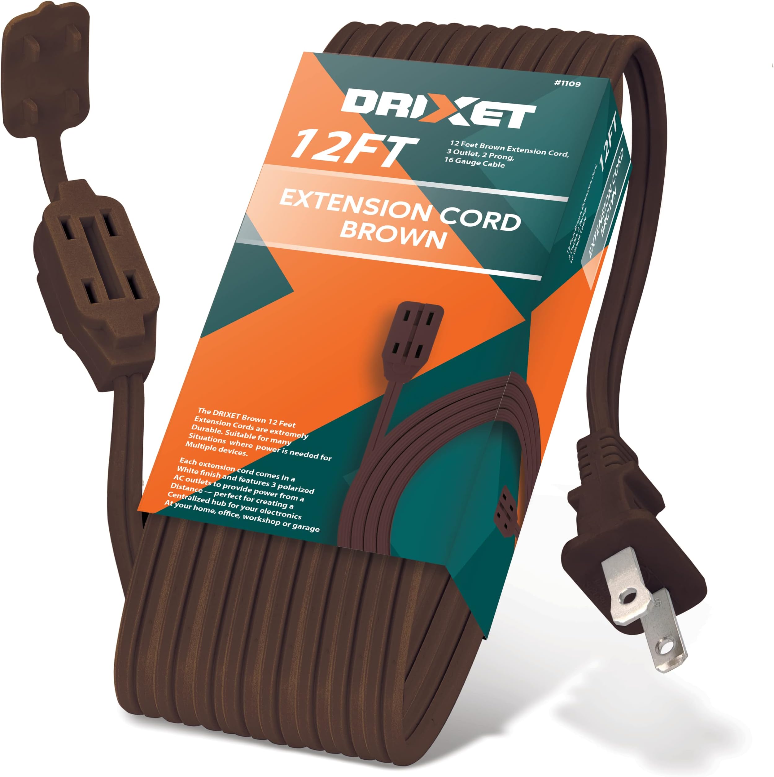 Amazon.com: 6 Feet Brown Extension Cord, 3 Outlet, 2 Prong, 16 Gauge ...