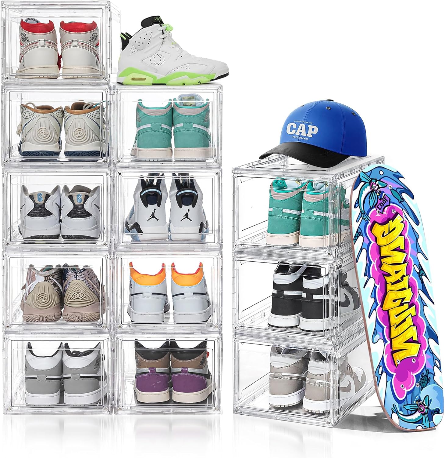 Amazon.com: 12 Pack Large Shoe Boxes Clear Stackable, Foldable Shoe ...